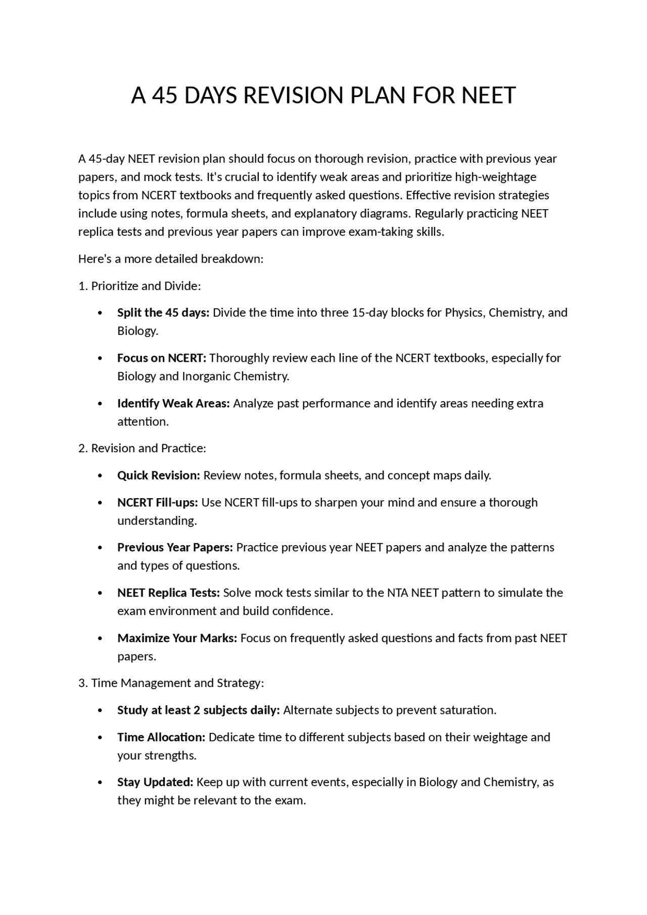 45 days plan for neet | Study Guides, Projects, Research Biology | Docsity