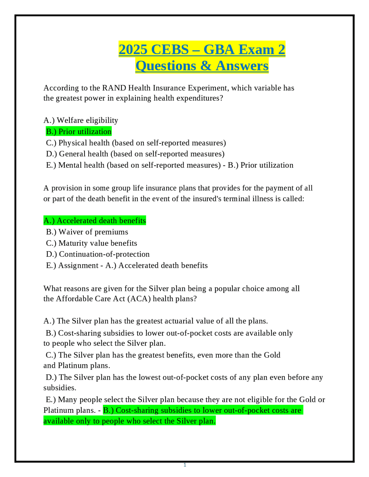 2025 CEBS – GBA Exam 2 Questions & Answers | Exams Nursing | Docsity
