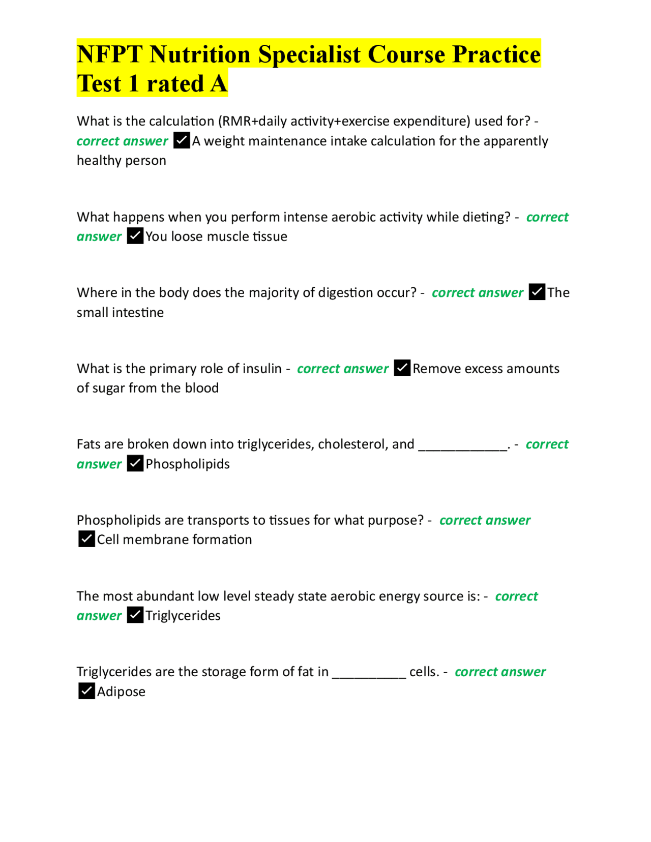 NFPT Nutrition Specialist Course Practice Test 1 rated A. | Exams ...