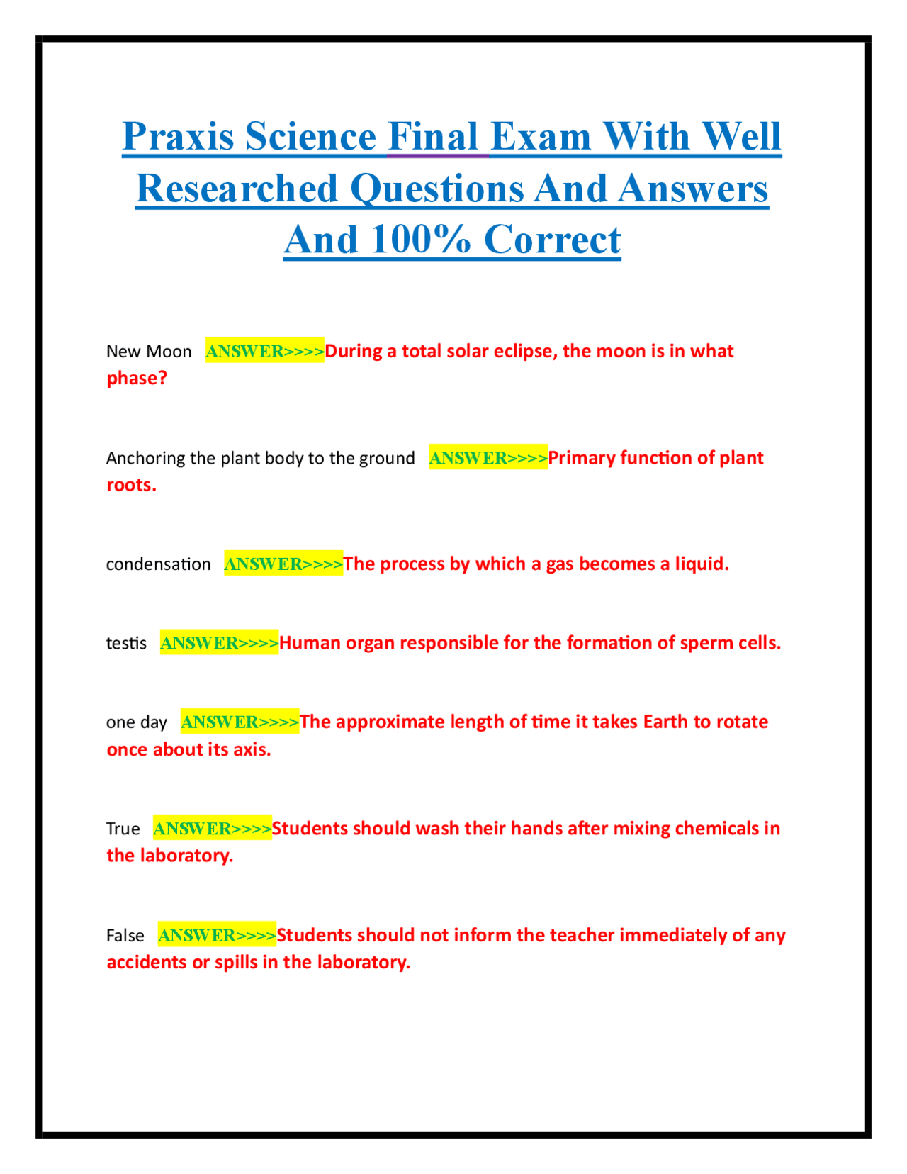 Praxis Science Final Exam With Well Researched Questions And Answers ...