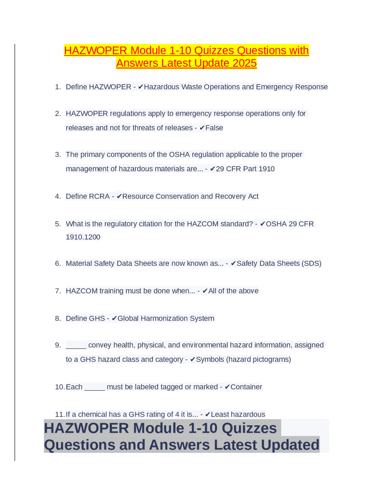 HAZWOPER Module 1-10 Quizzes Questions with Answers Latest Update 2025 ...