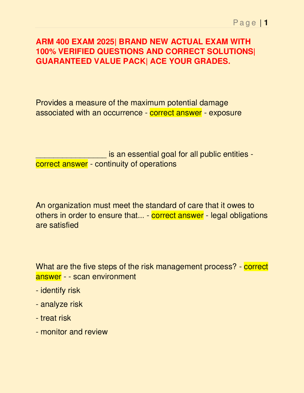 Risk Management Exam Questions and Answers | Exams Advanced Education ...