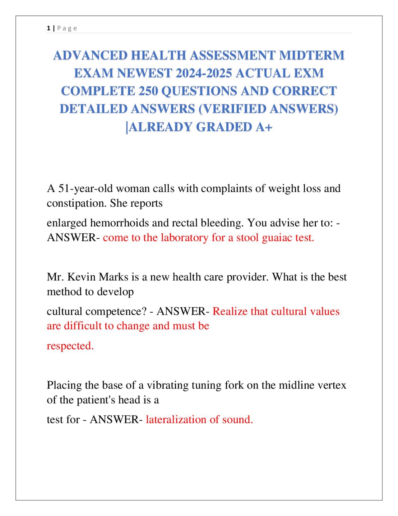 ADVANCED HEALTH ASSESSMENT MIDTERM EXAM NEWEST 2024-2025 ACTUAL EXM ...