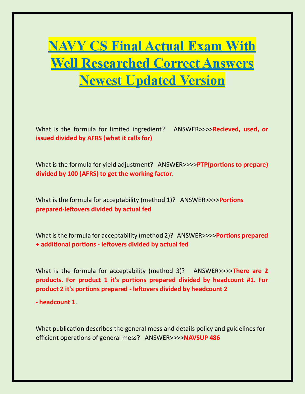 NAVY CS Final Actual Exam With Well Researched Correct Answers Newest ...