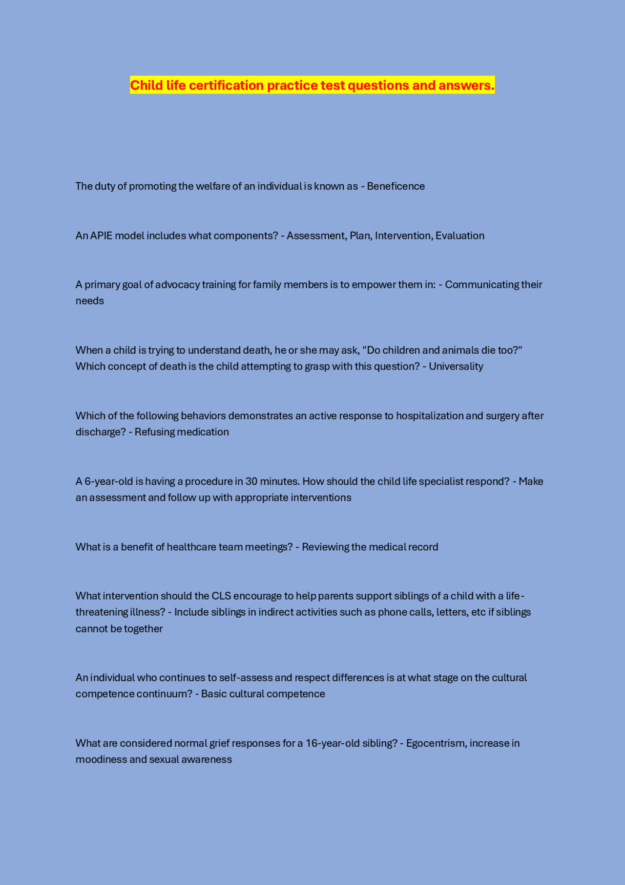 Child Life Certification Practice Test Questions and Answers | Exams ...