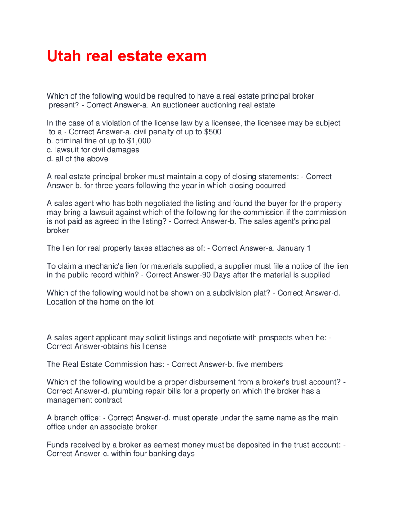 Utah real estate exam Questions And Answers Rated A+ New Update Assured ...