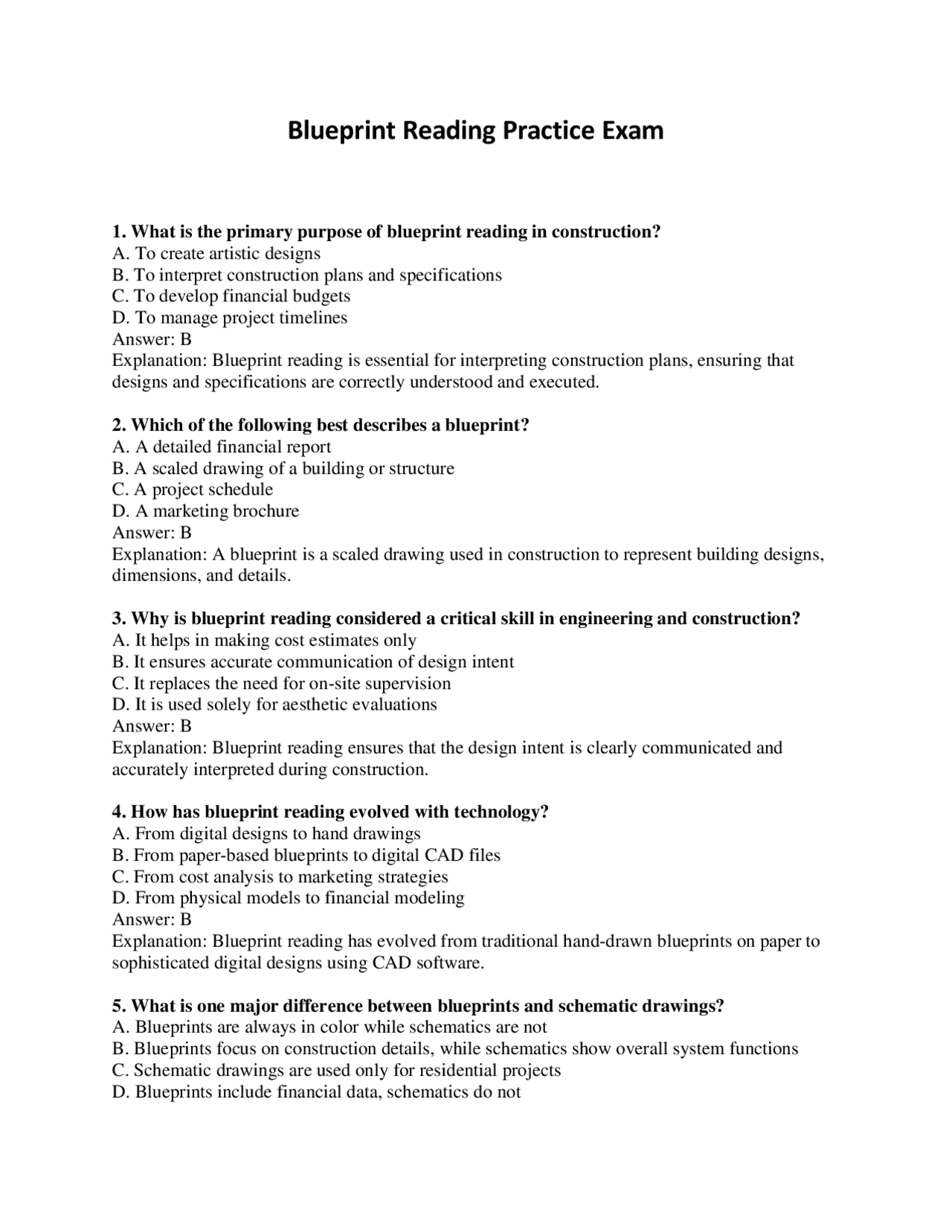 Blueprint Reading Exam | Exams Technology | Docsity