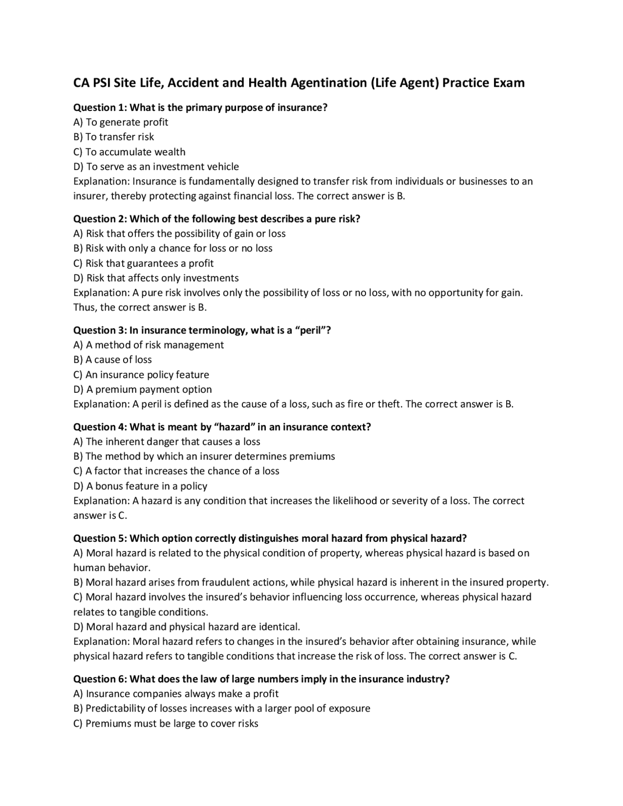 CA PSI Site Life, Accident and Health Agentination (Life Agent) Exam ...