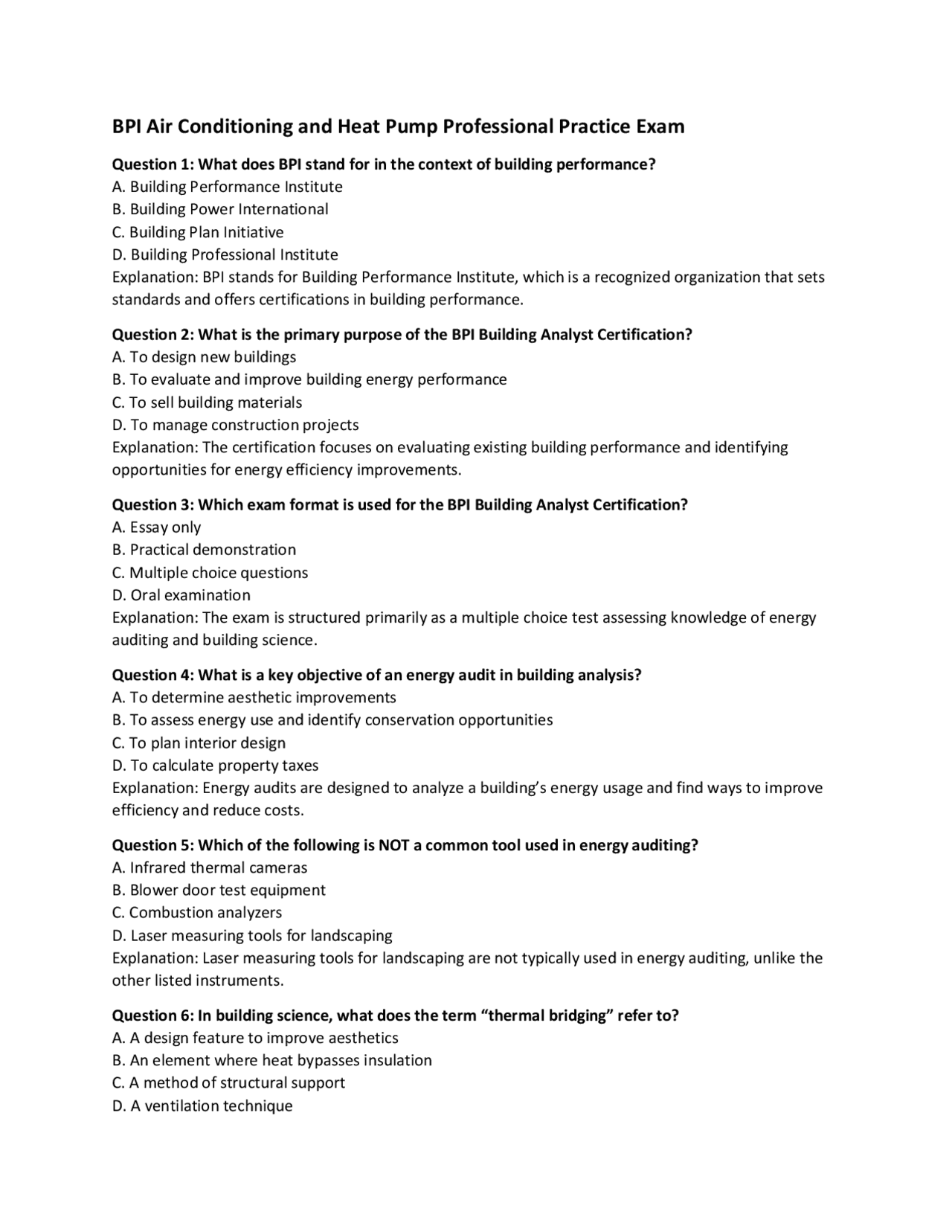 BPI Air Conditioning and Heat Pump Professional Exam | Exams Technology ...