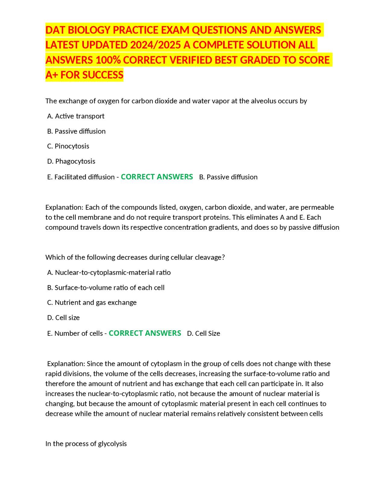 DAT BIOLOGY PRACTICE EXAM QUESTIONS AND ANSWERS LATEST UPDATED 2024/ ...