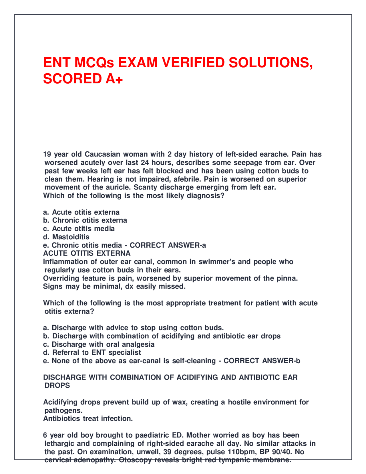 ENT MCQs EXAM VERIFIED SOLUTIONS, SCORED A+.pdf | Exams Nursing | Docsity