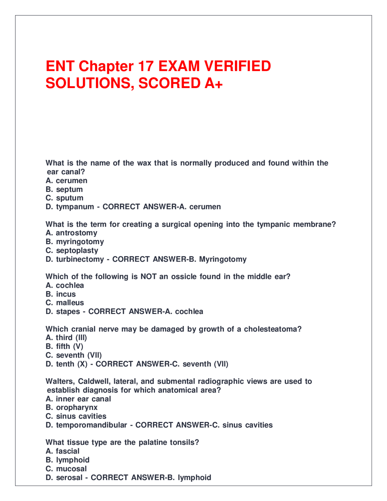 ENT Chapter 17 EXAM VERIFIED SOLUTIONS, SCORED A+ | Exams Nursing | Docsity