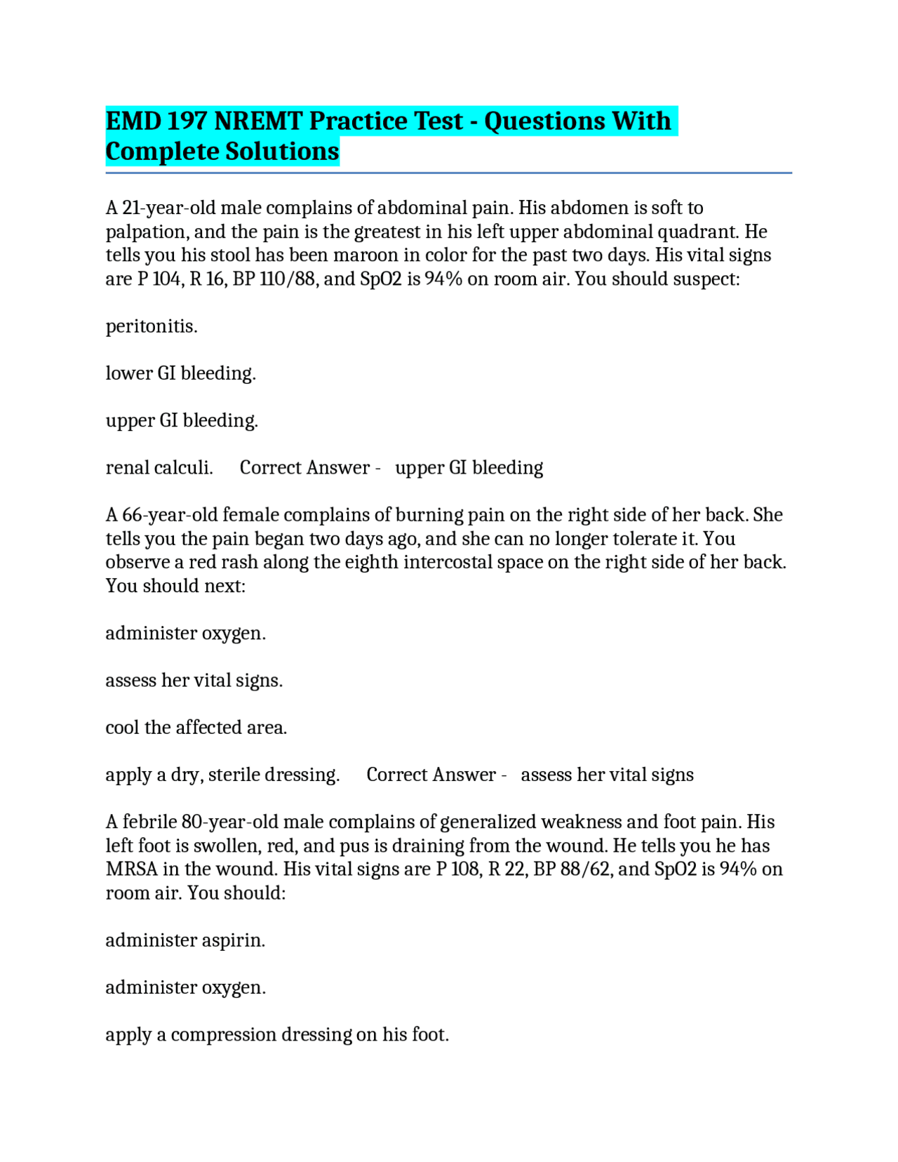 EMD 197 NREMT Practice Test - Questions With Complete Solutions | Exams ...