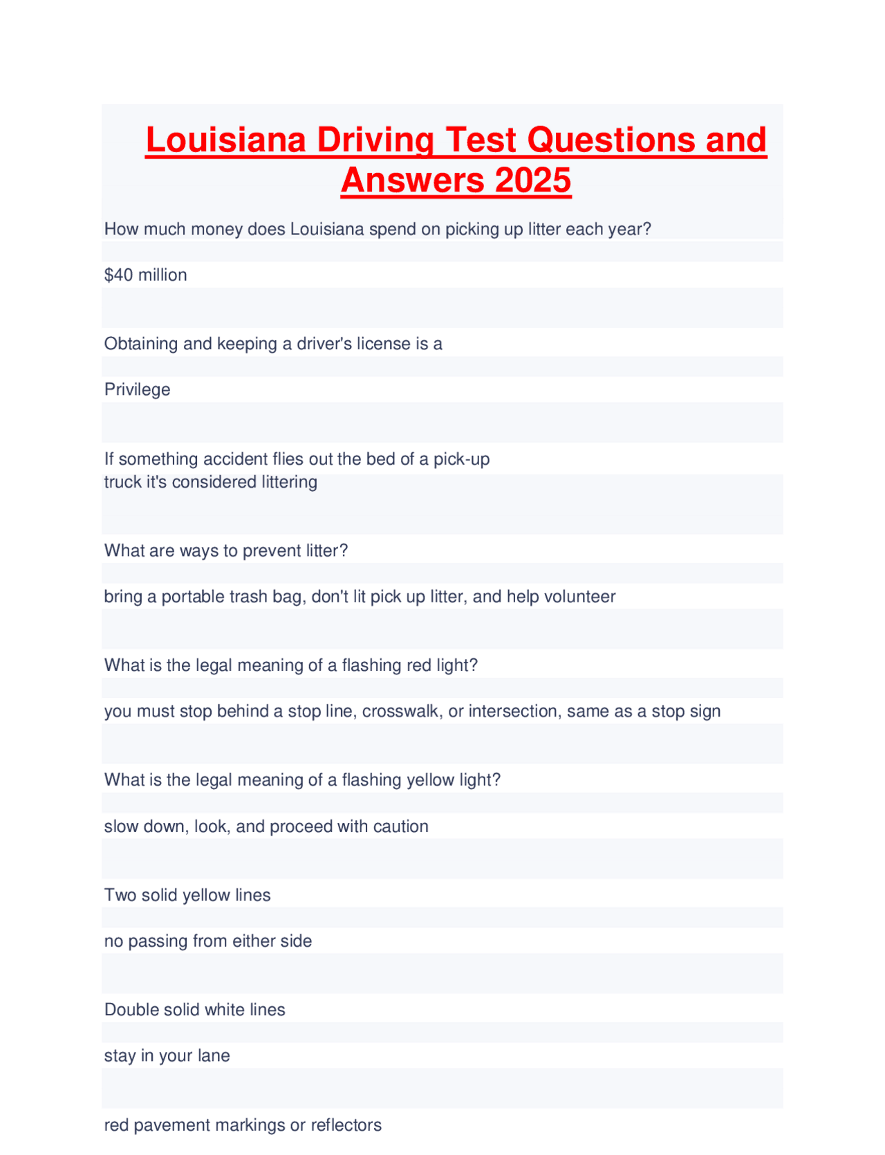 Louisiana Driving Test Questions and Answers 2025 | Exams Nursing | Docsity