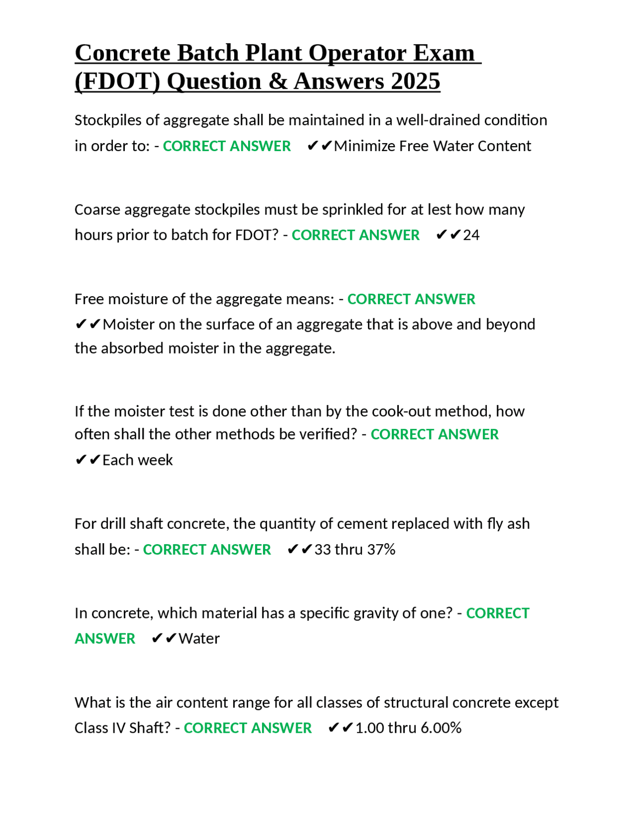 Concrete Batch Plant Operator Exam (FDOT) Question & Answers 2025 ...