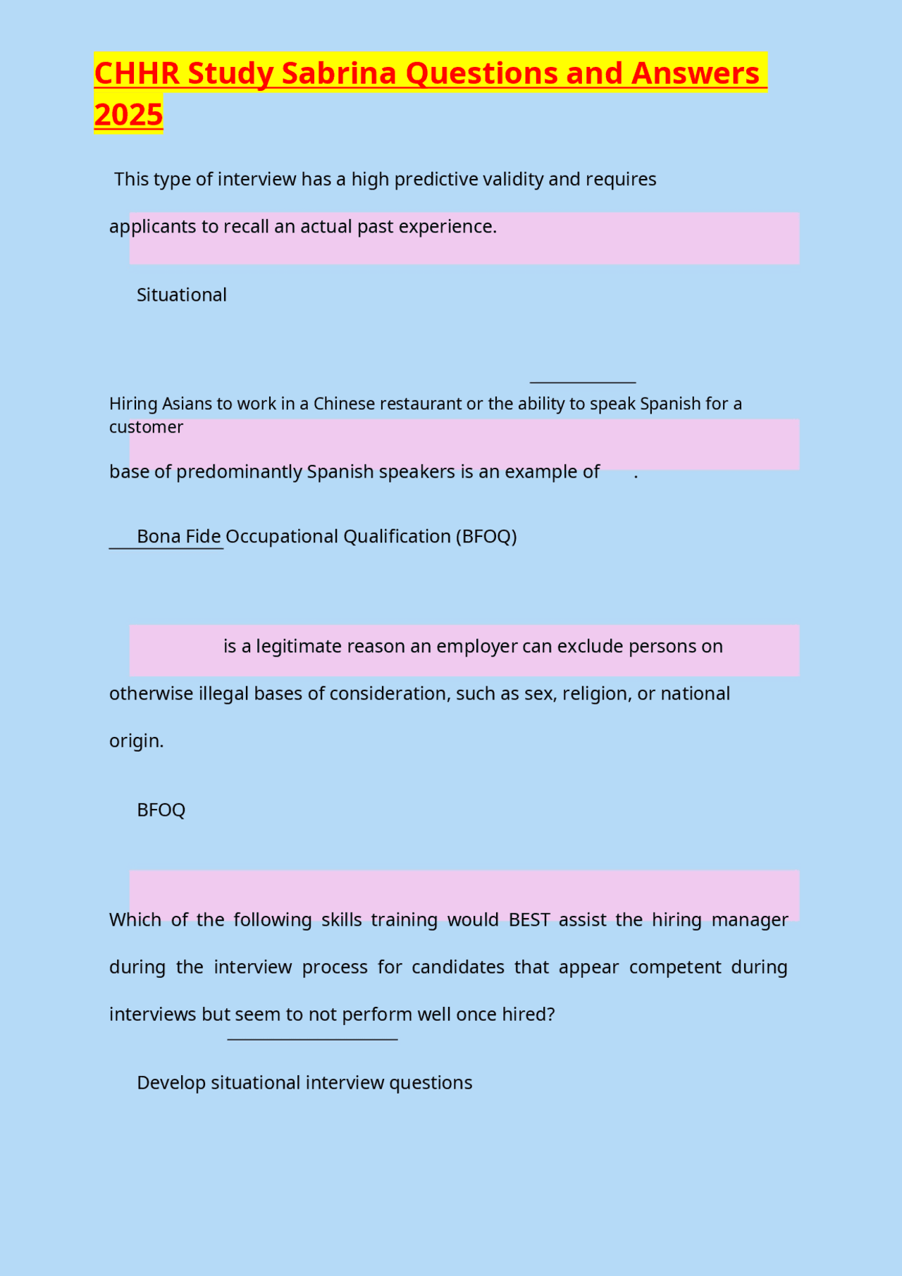 CHHR Study Sabrina Questions and Answers: Human Resources Management in ...