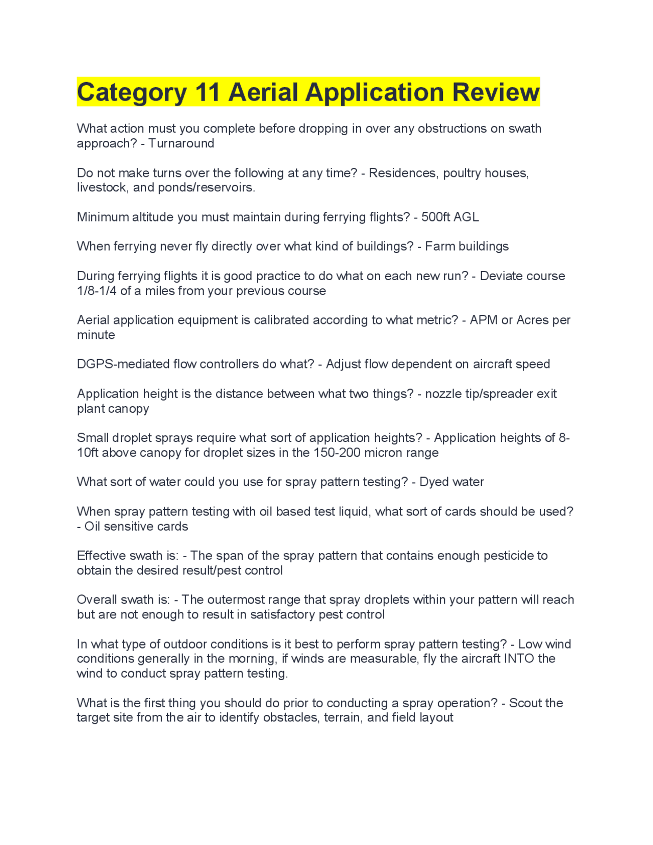Category 11 Aerial Application Review | Exercises Advanced Education | Docsity