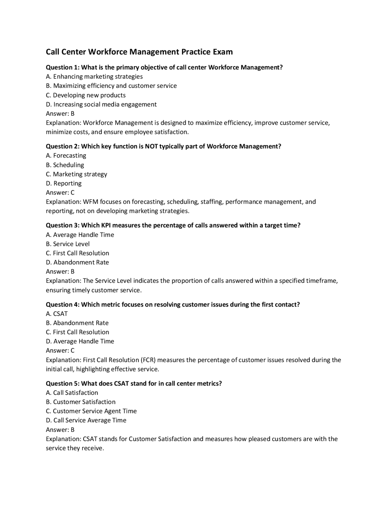 Call Center Workforce Management Exam | Exams Technology | Docsity
