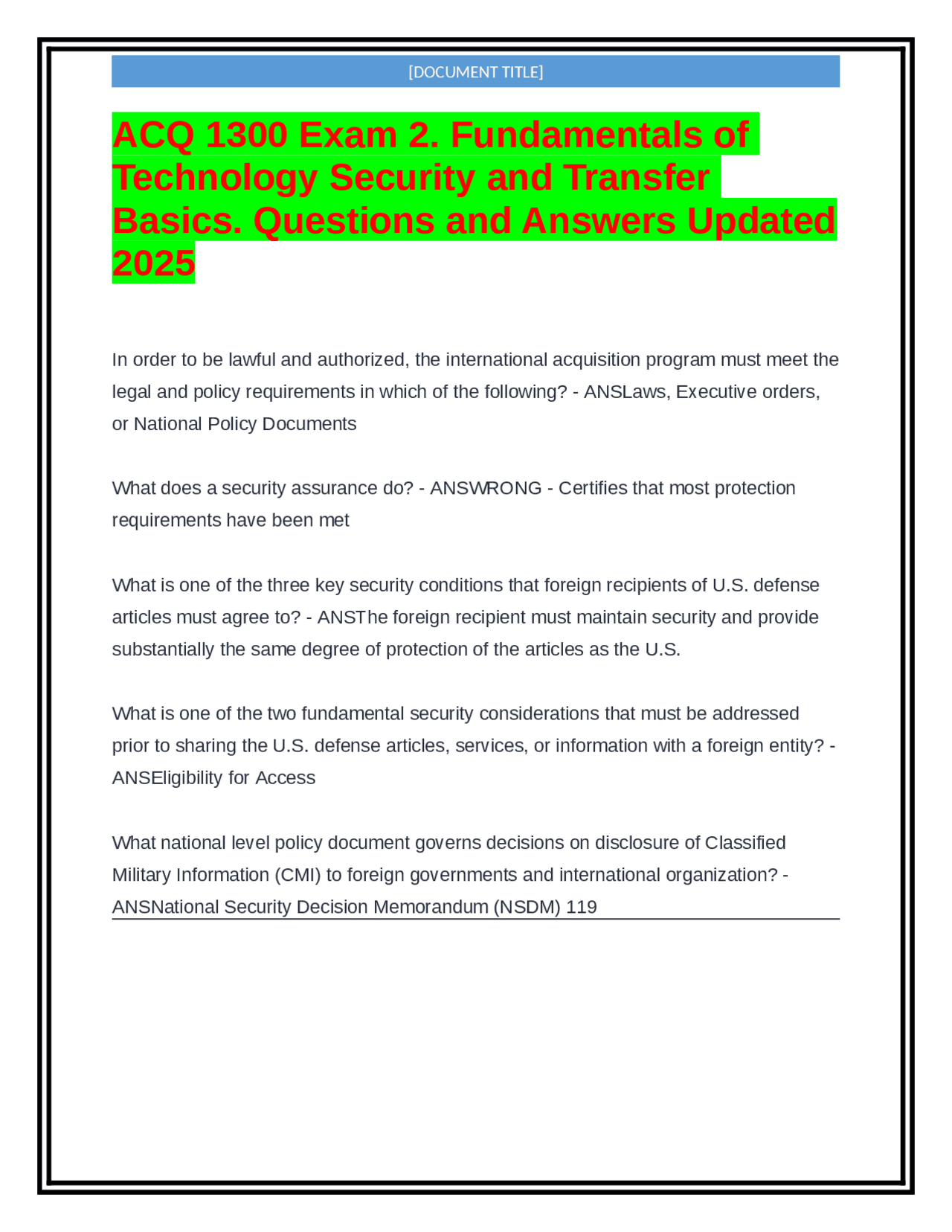 ACQ 1300 Exam 2. Fundamentals of Technology Security $ Transfer Basics. | Exams Computer ...