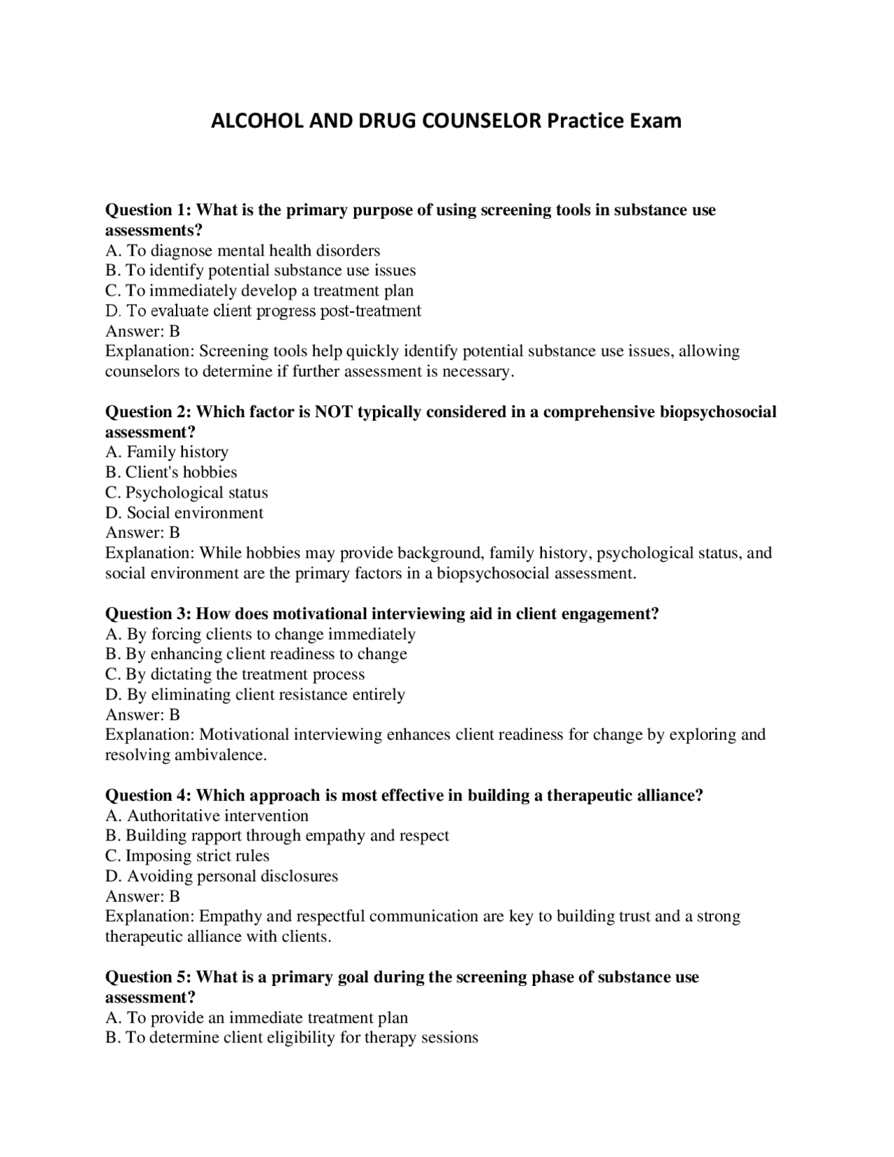 ALCOHOL AND DRUG COUNSELOR Exam | Exams Technology | Docsity