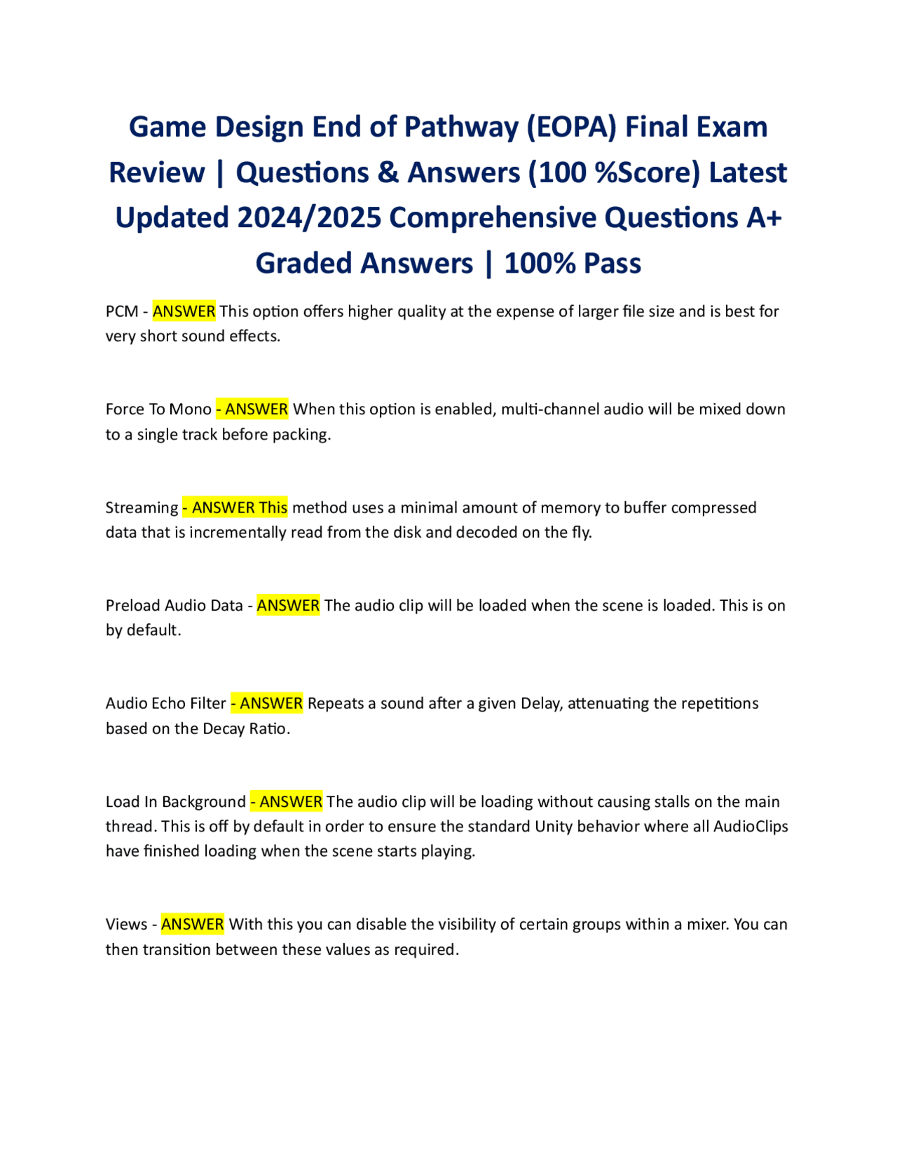 Game Design End of Pathway (EOPA) Final Exam Review | Questions ...