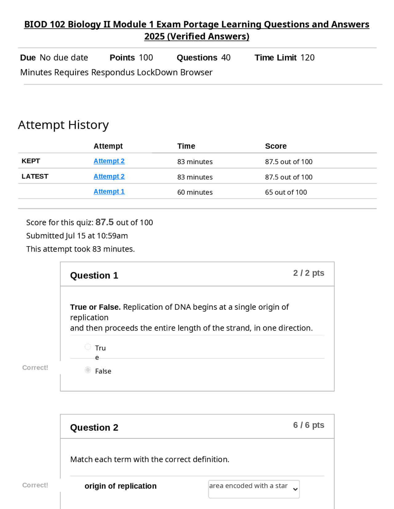 BIOD 102 Biology II Module 1 Exam Portage Learning Questions and ...