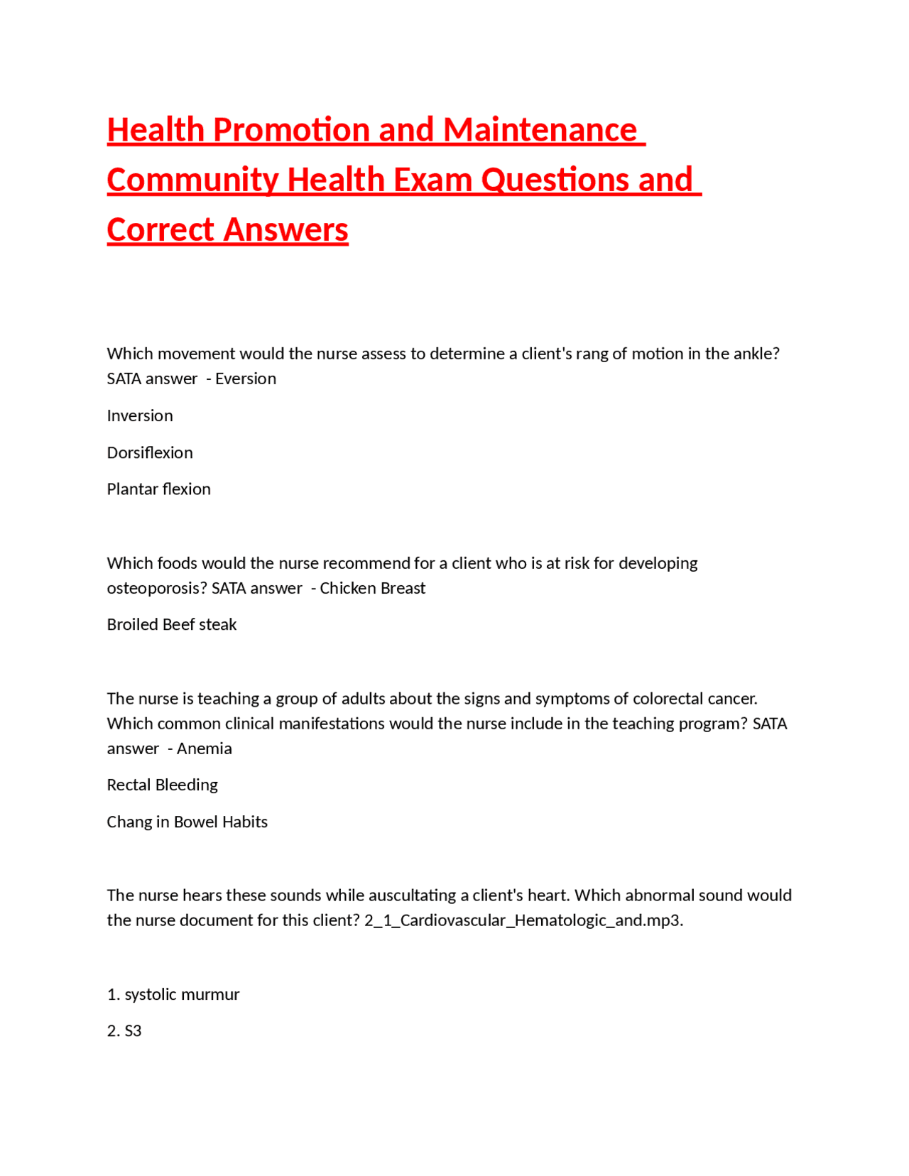Health Promotion and Maintenance Community Health Exam Questions and ...