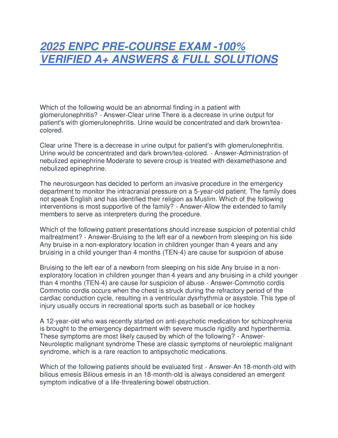 2025 ENPC PRE-COURSE EXAM -100% VERIFIED A+ ANSWERS & FULL SOLUTIONS ...