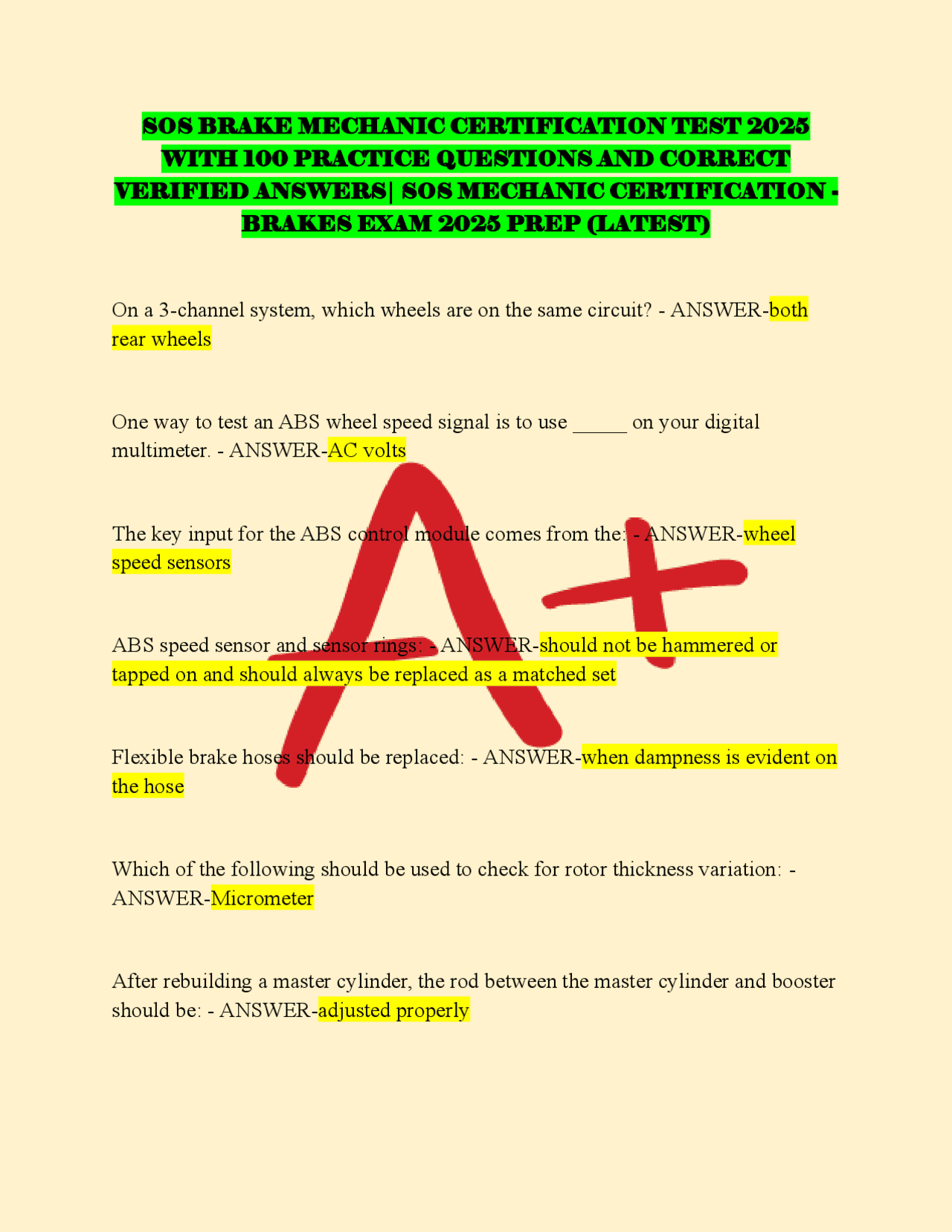 SOS MECHANIC CERTIFICATION - BRAKES EXAM 2025 PREP | Exams Health ...