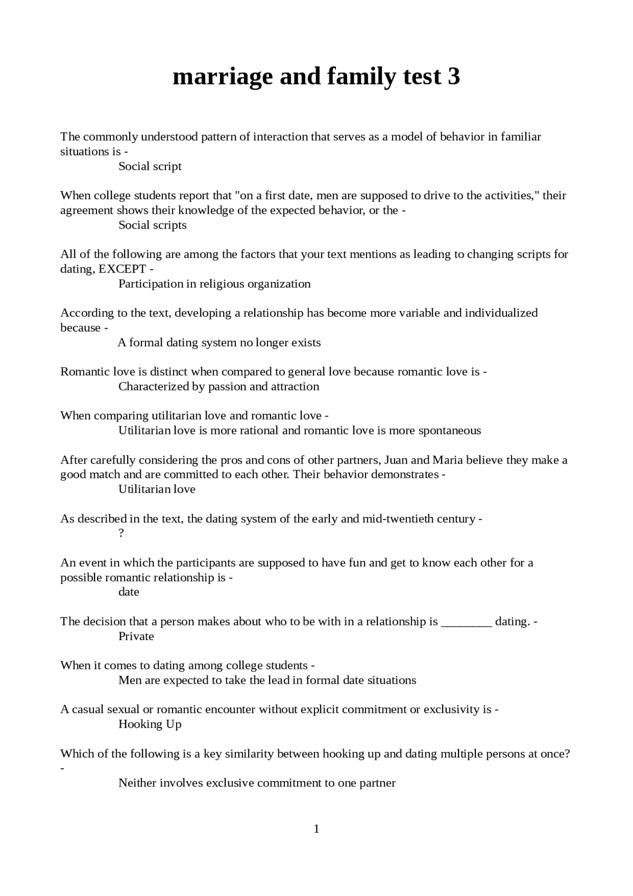 marriage and family test 3. | Exams Marriage and Family Psychology ...