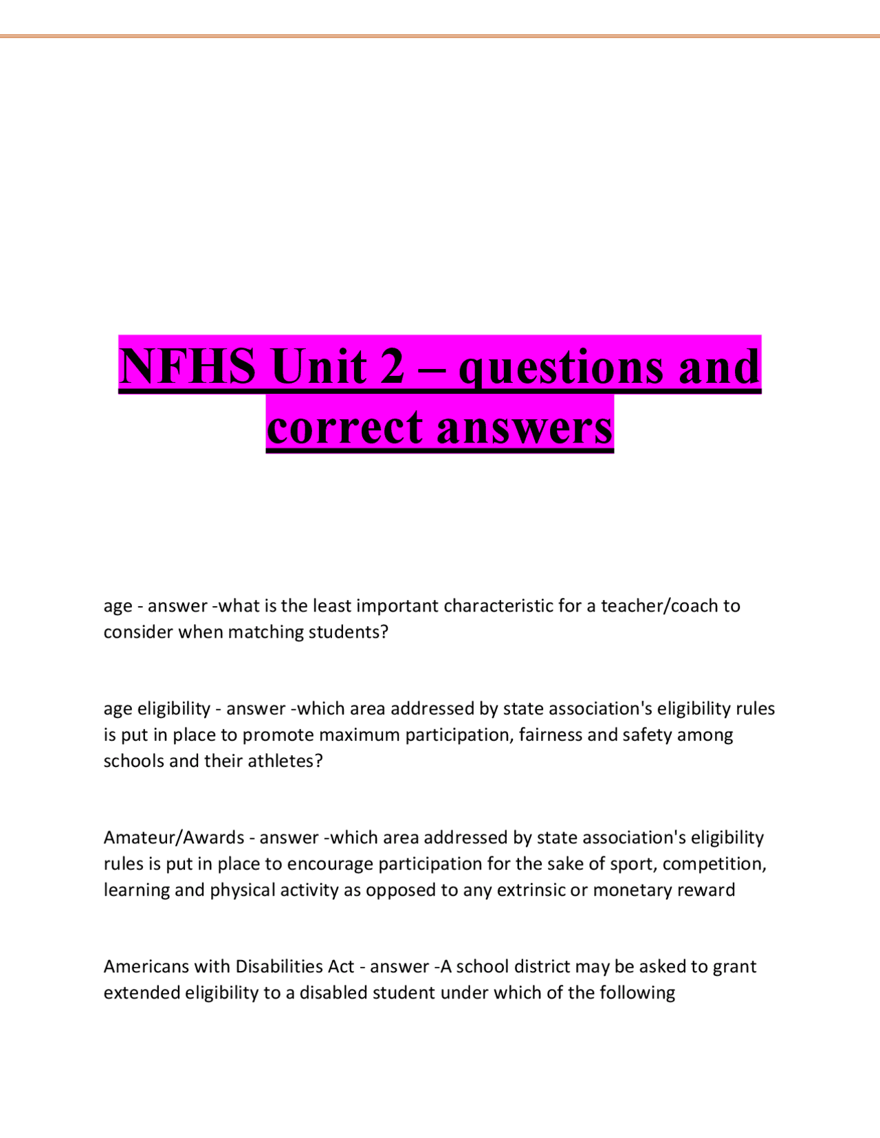 NFHS Unit 2: Questions and Answers for Coaches and Teachers | Exams ...