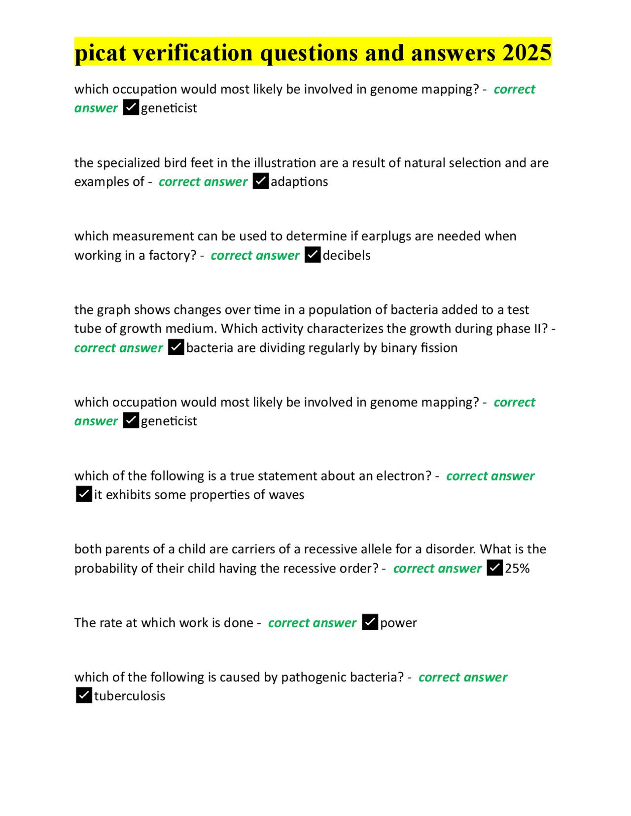 picat verification questions and answers 2025 | Exams Nursing | Docsity