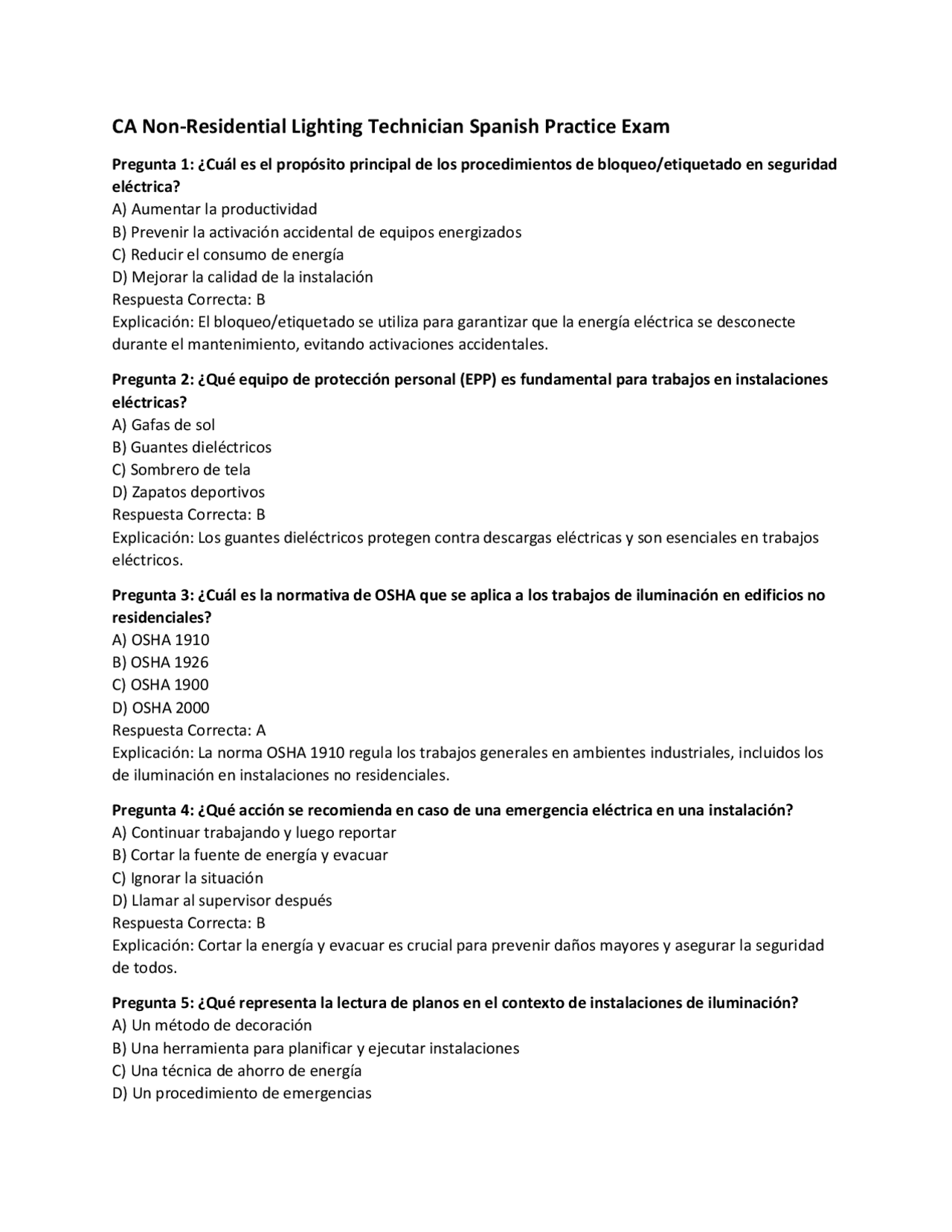 CA Non-Residential Lighting Technician Spanish Exam | Exams Technology ...