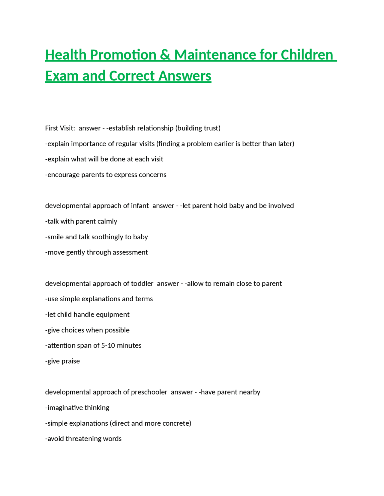 Health Promotion & Maintenance for Children: Exam and Correct Answers ...