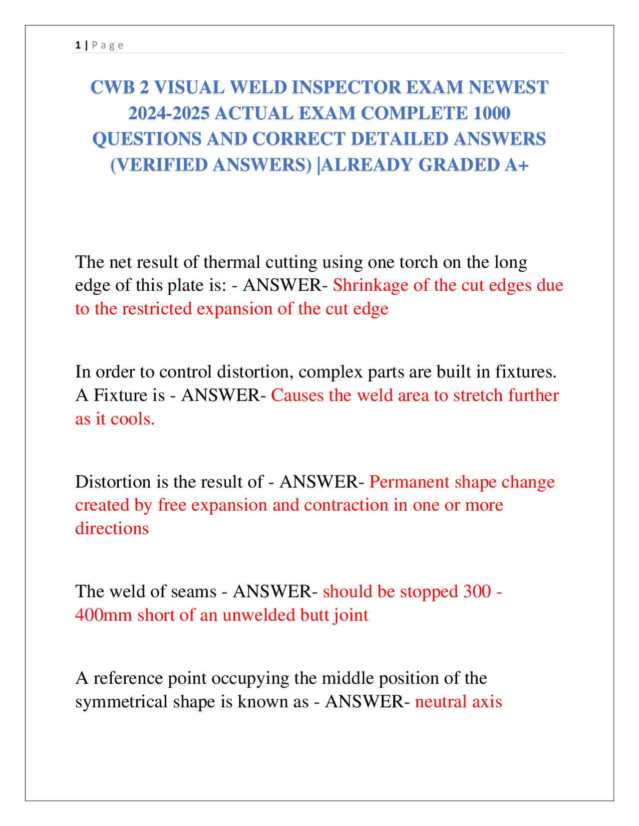 CWB 2 VISUAL WELD INSPECTOR EXAM NEWEST 2024-2025 ACTUAL EXAM COMPLETE ...
