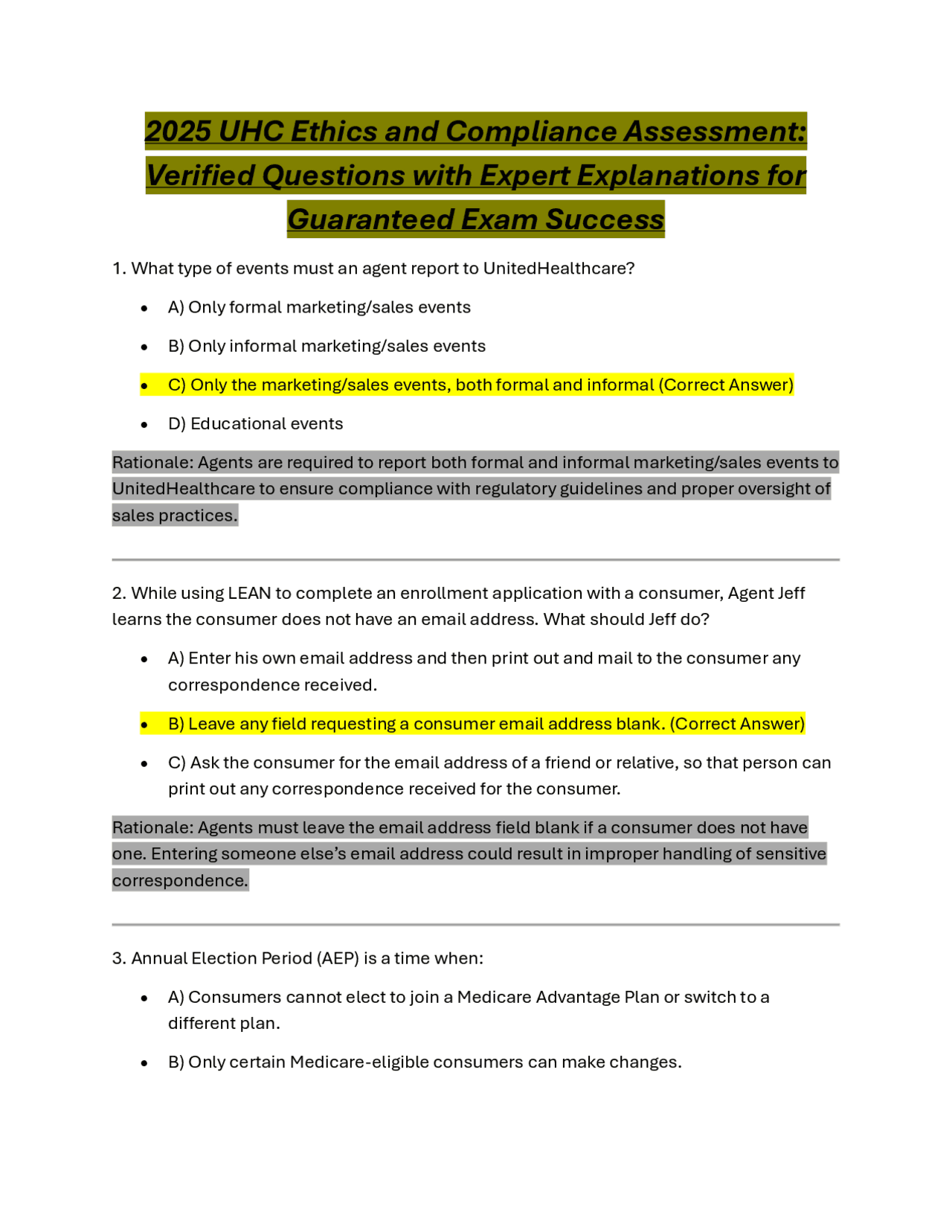 2025 UHC Ethics and Compliance Assessment: Verified Questions with ...