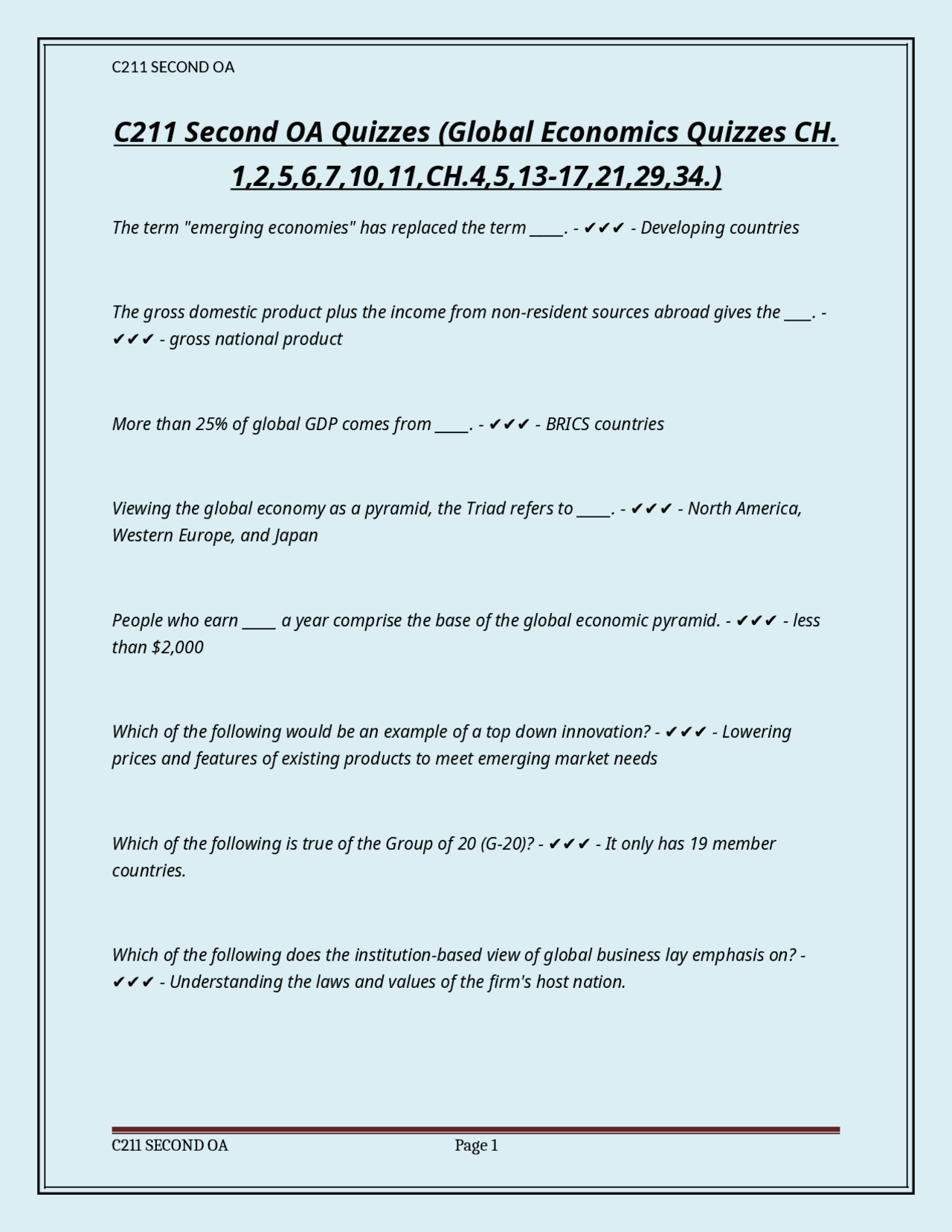 C211 Second OA Quizzes (Global Economics Quizzes CH. 1,2,5,6,7,10,11,CH ...
