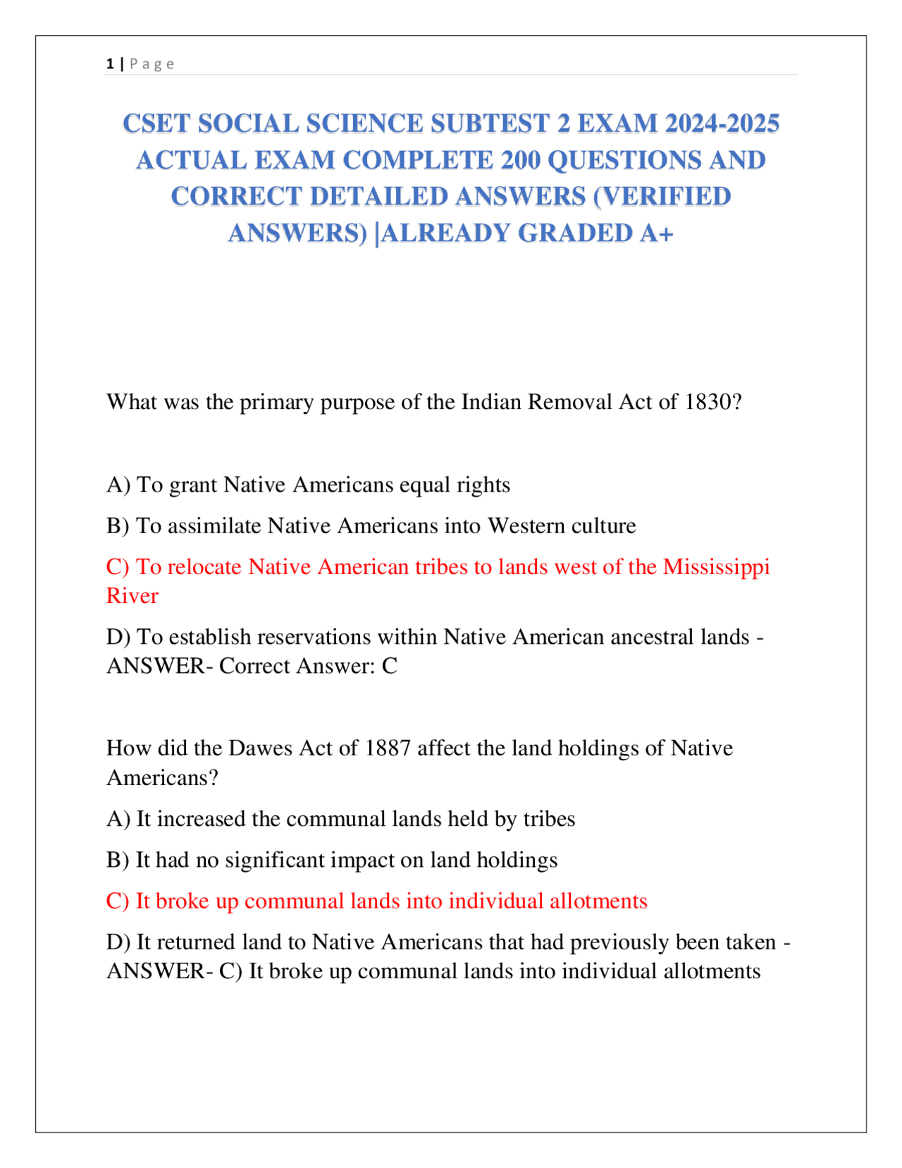 CSET SOCIAL SCIENCE SUBTEST 2 EXAM 2024-2025 ACTUAL EXAM COMPLETE 200 ...