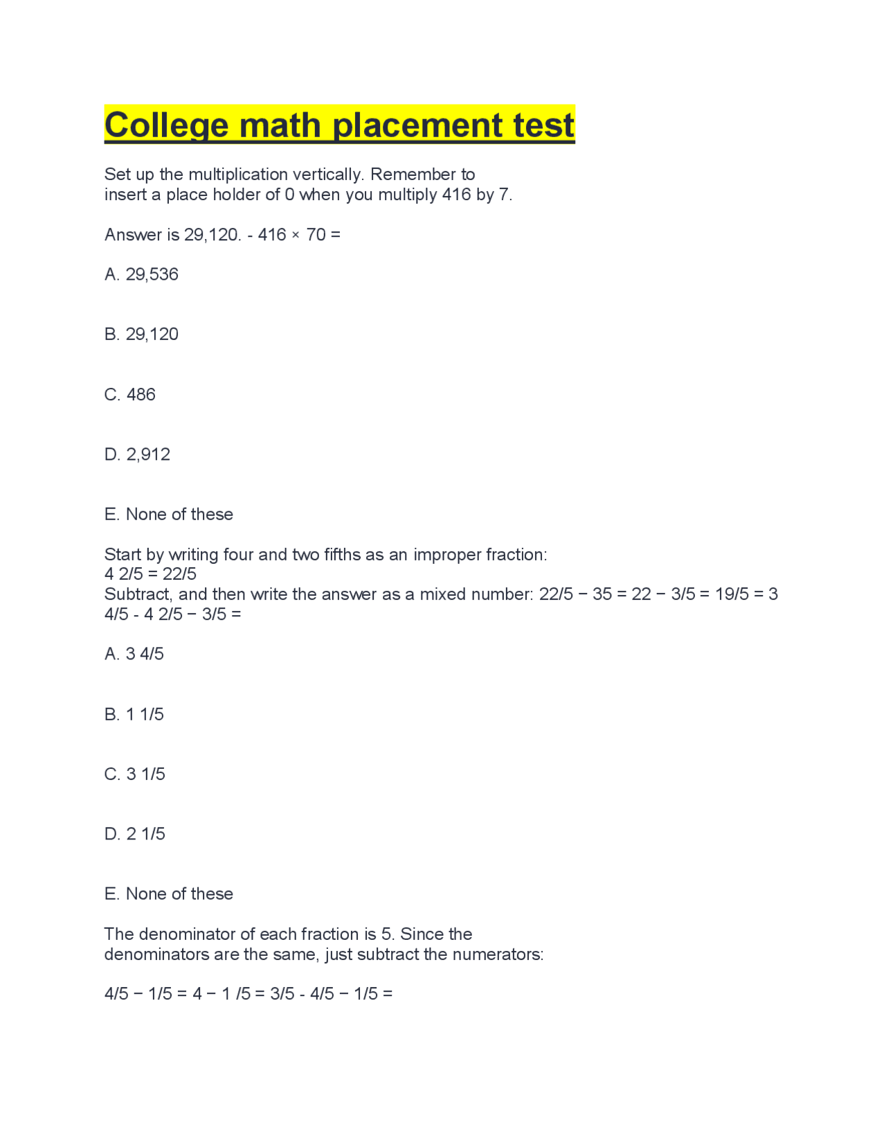 College math placement test | Exercises Mathematics | Docsity