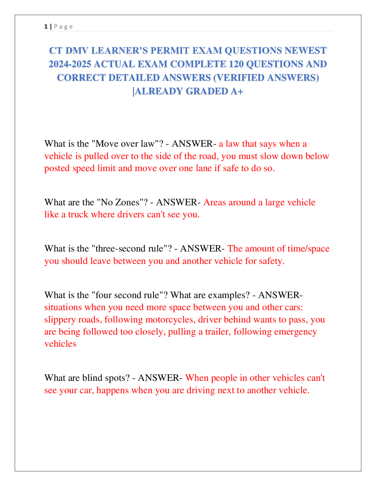 CT DMV LEARNER’S PERMIT EXAM QUESTIONS NEWEST 2024-2025 ACTUAL EXAM ...
