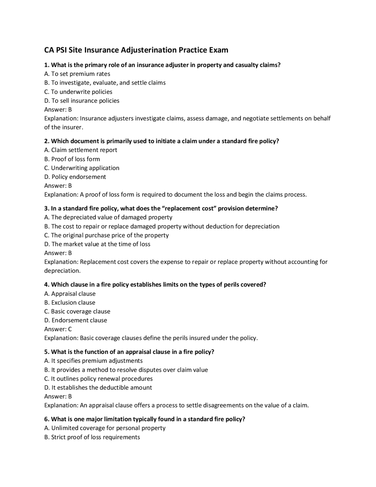 CA PSI Site Insurance Adjusterination Exam | Exams Technology | Docsity