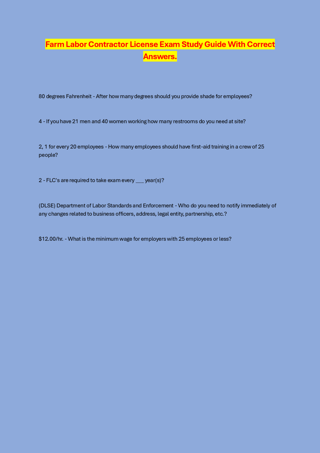 Farm Labor Contractor License Exam Study Guide | Exams Nursing | Docsity