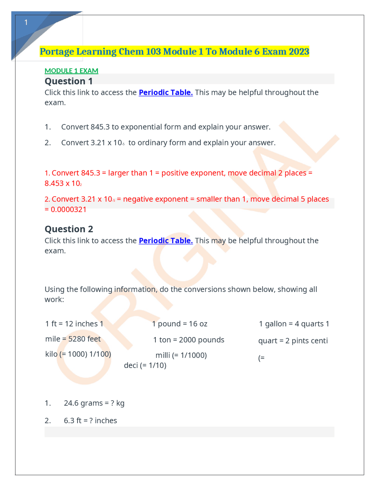 Portage Learning Chem 103 Module 1 To Module 6 Exam Questions and ...