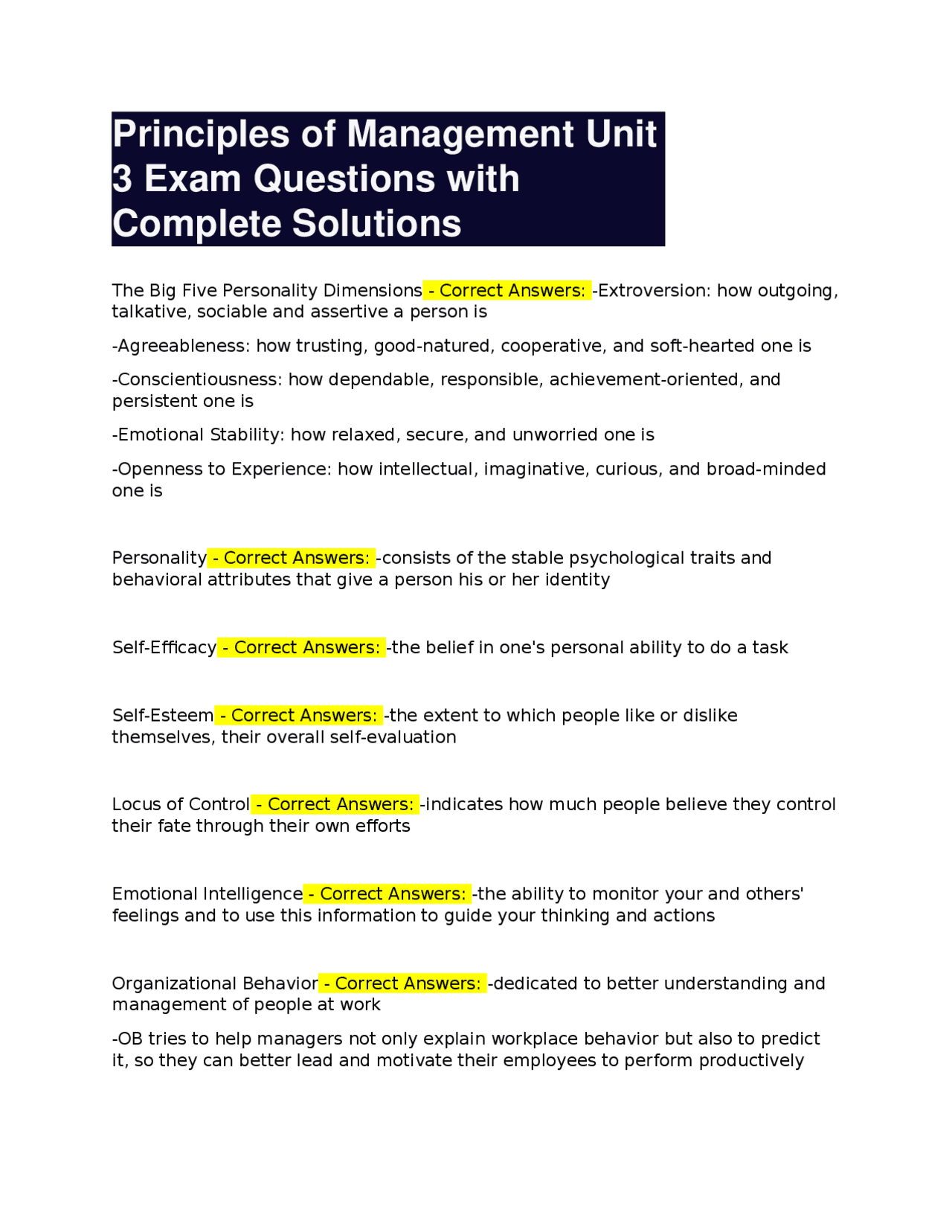 Principles of Management Unit 3 Exam Questions with Complete Solutions ...
