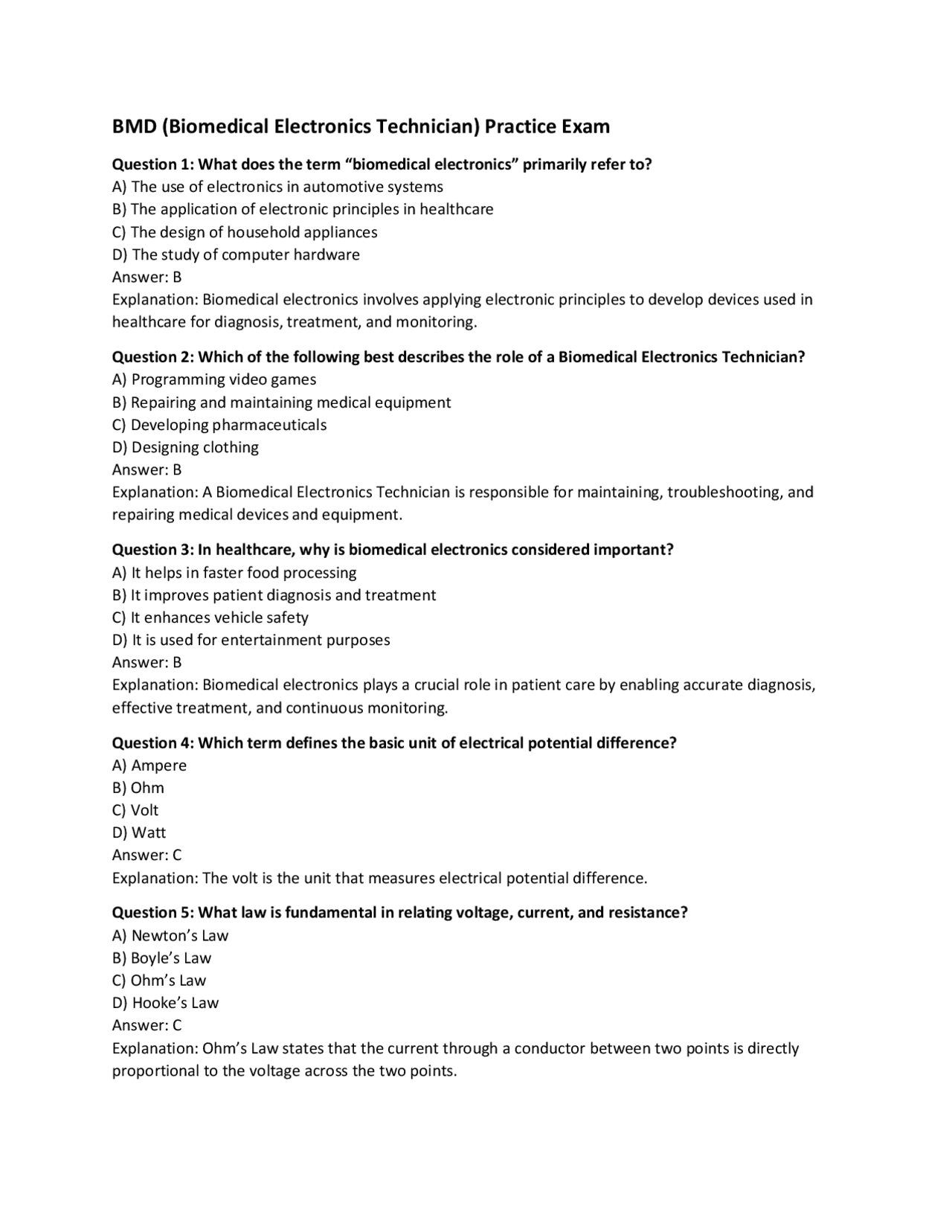 BMD (Biomedical Electronics Technician) Exam | Exams Technology | Docsity