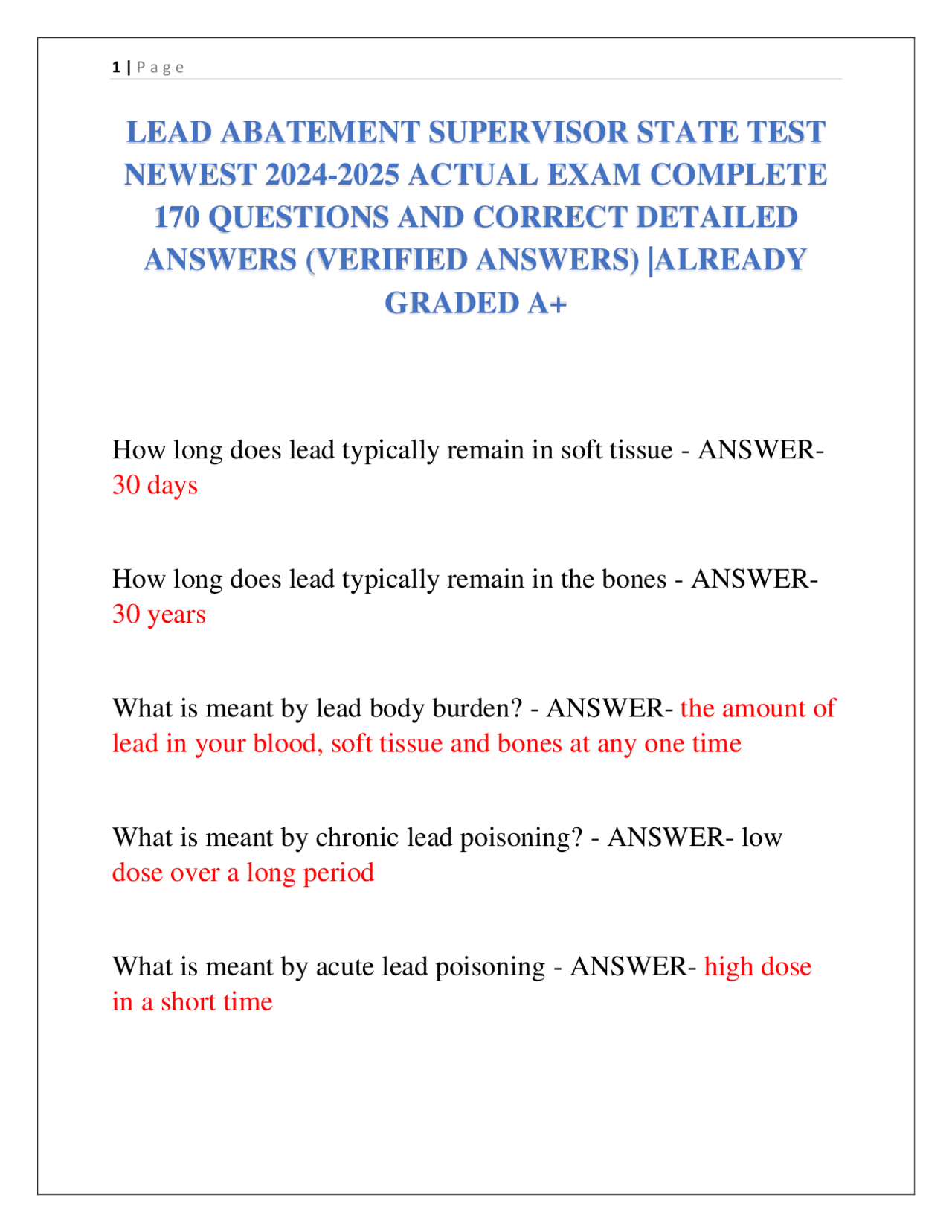 Lead Abatement Supervisor State Test: 2024-2025 Actual Exam Questions ...