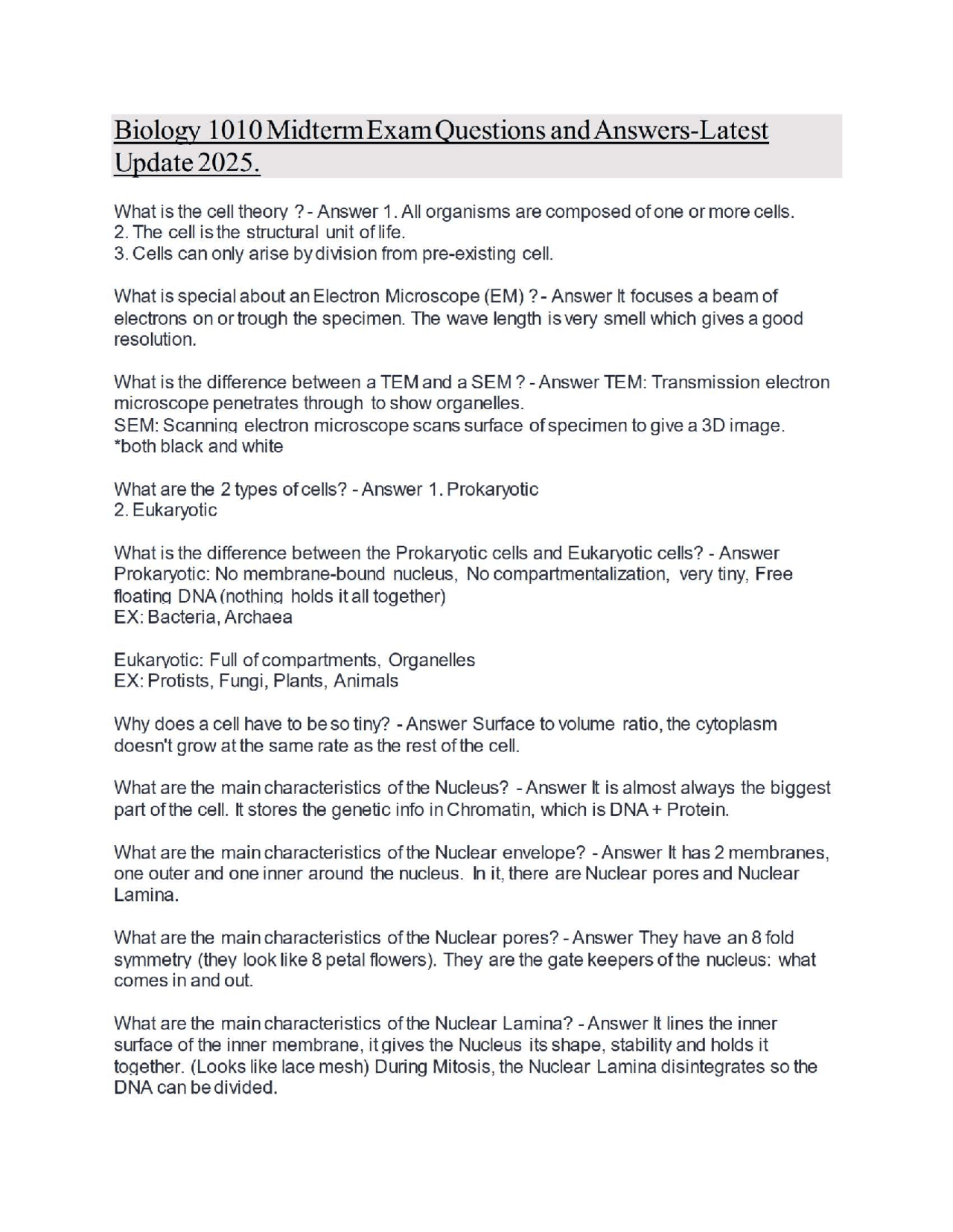 Biology 1010 Midterm Exam Questions and Answers-Latest Update 2025 ...