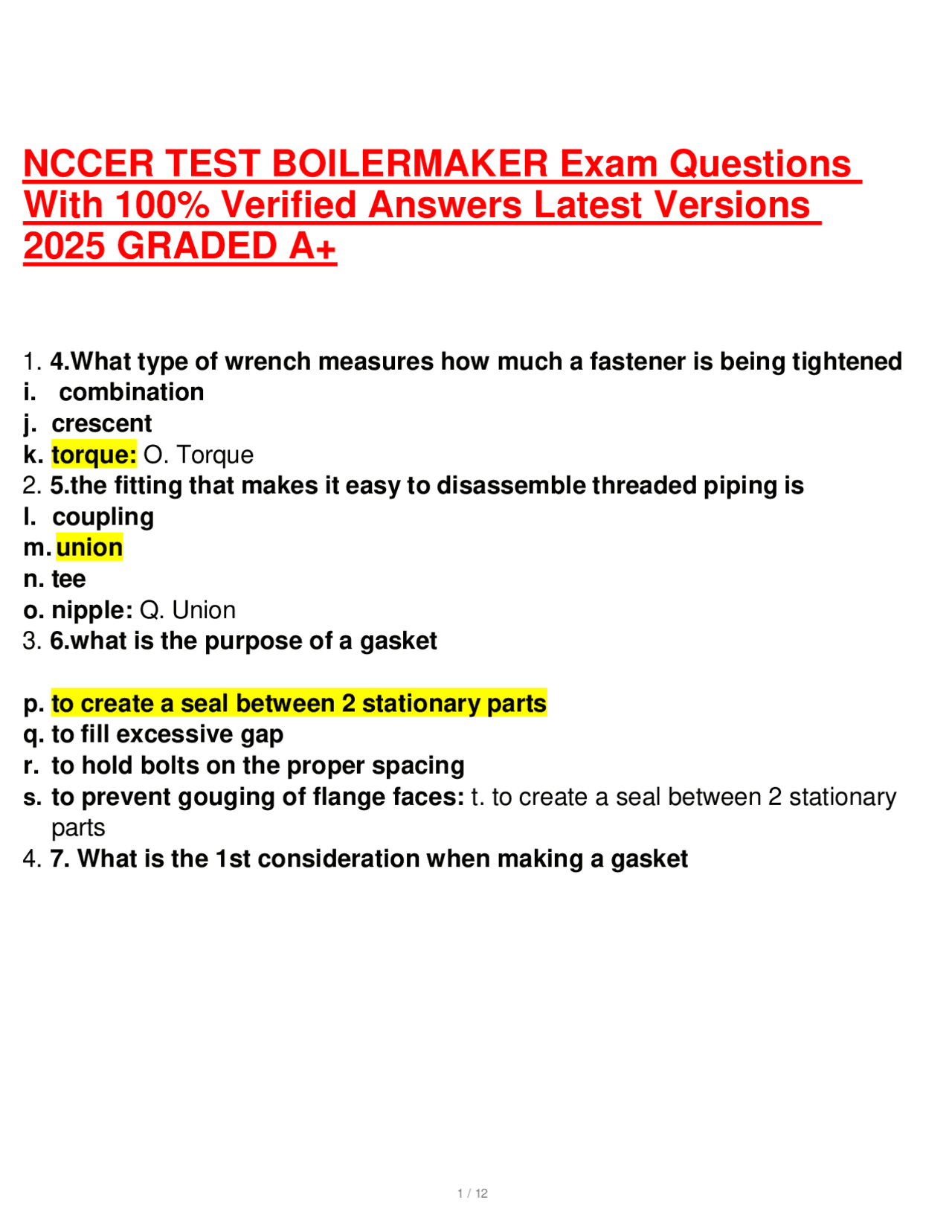 NCCER TEST BOILERMAKER Exam Questions With 100% Verified Answers Latest ...