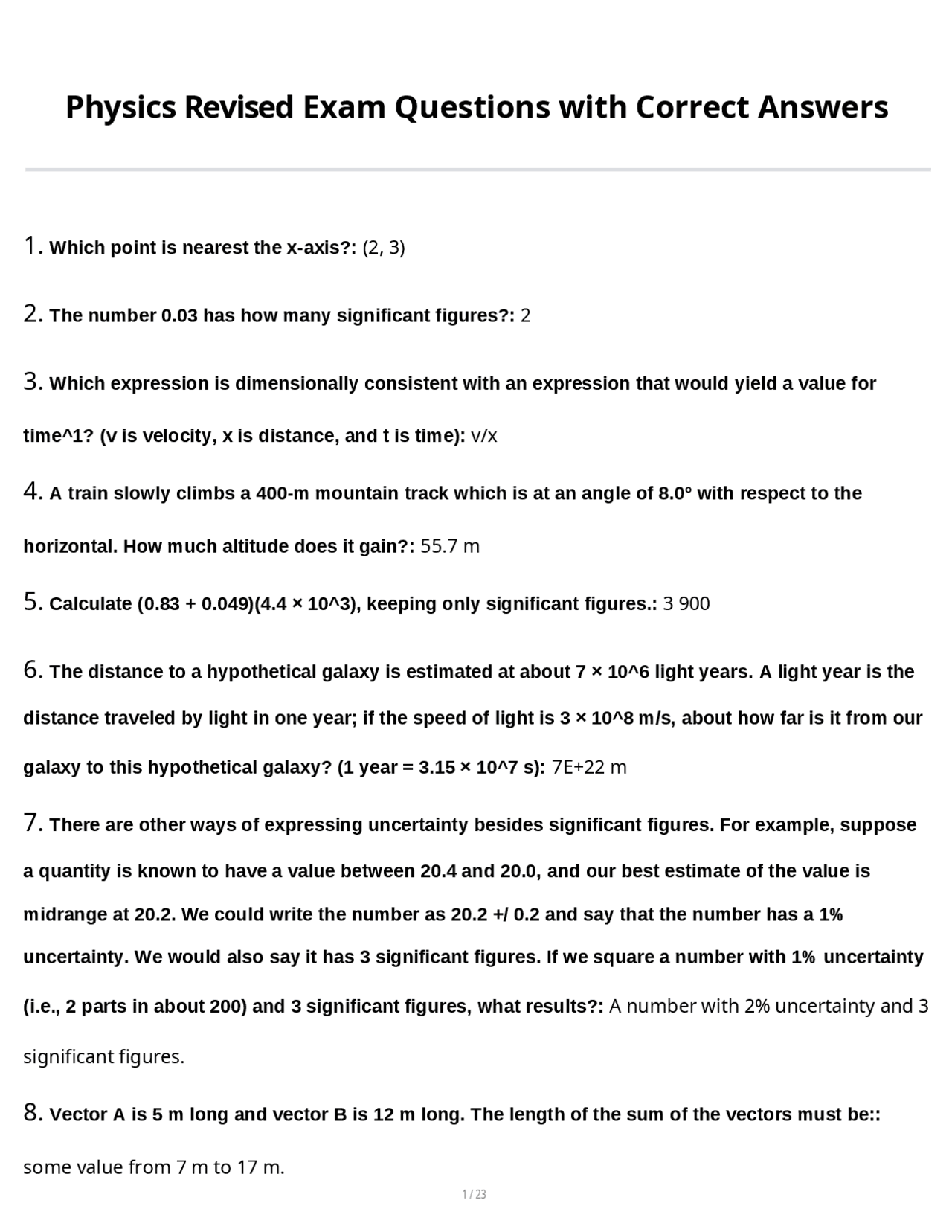 Physics Revised Exam Questions with Correct Answers | Exams Physics ...
