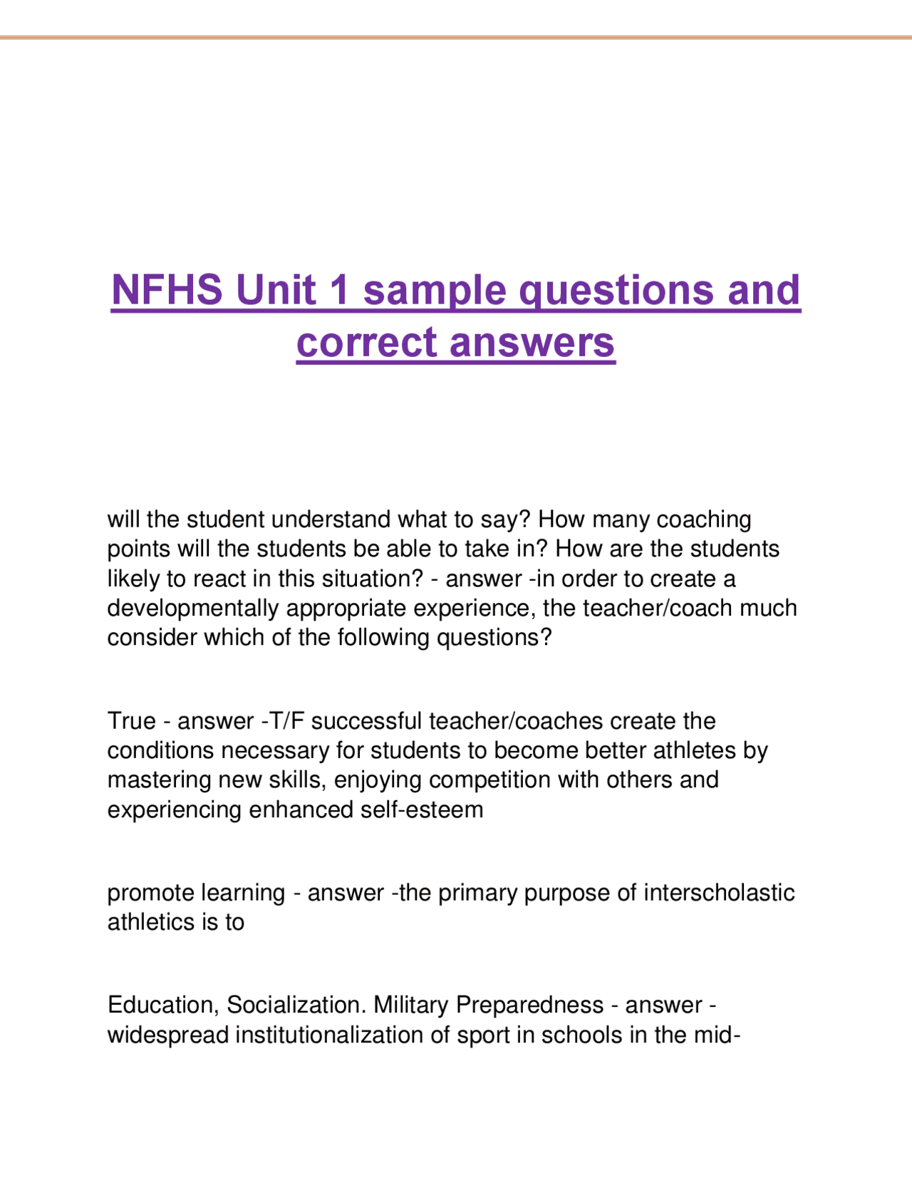 NFHS Unit 1 sample questions and correct answers.pdf | Exams Nursing ...